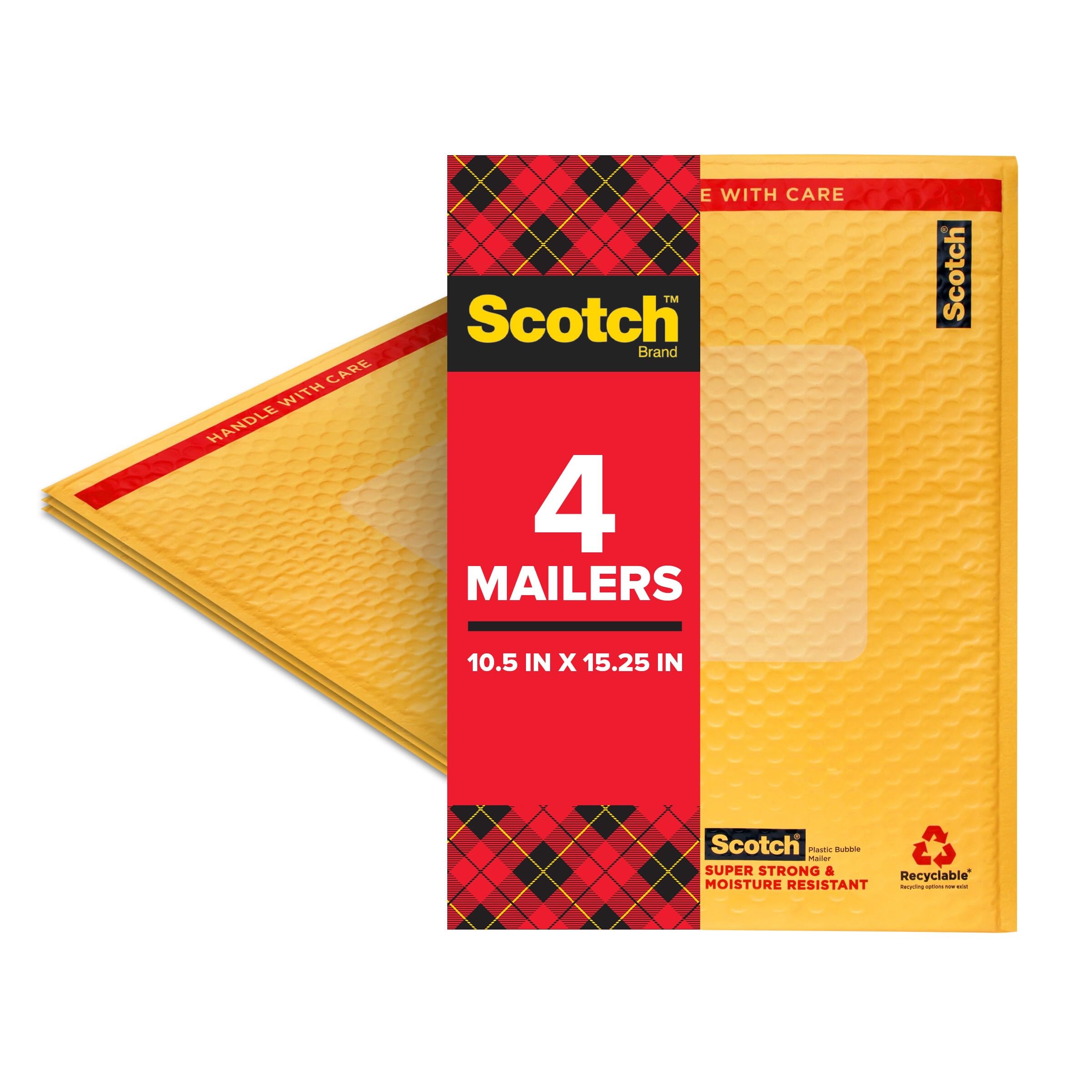 Scotch Plastic Bubble Mailer, 10.5 in x 15.25 in, Size #5, Yellow, 4/Pack (8915-4)