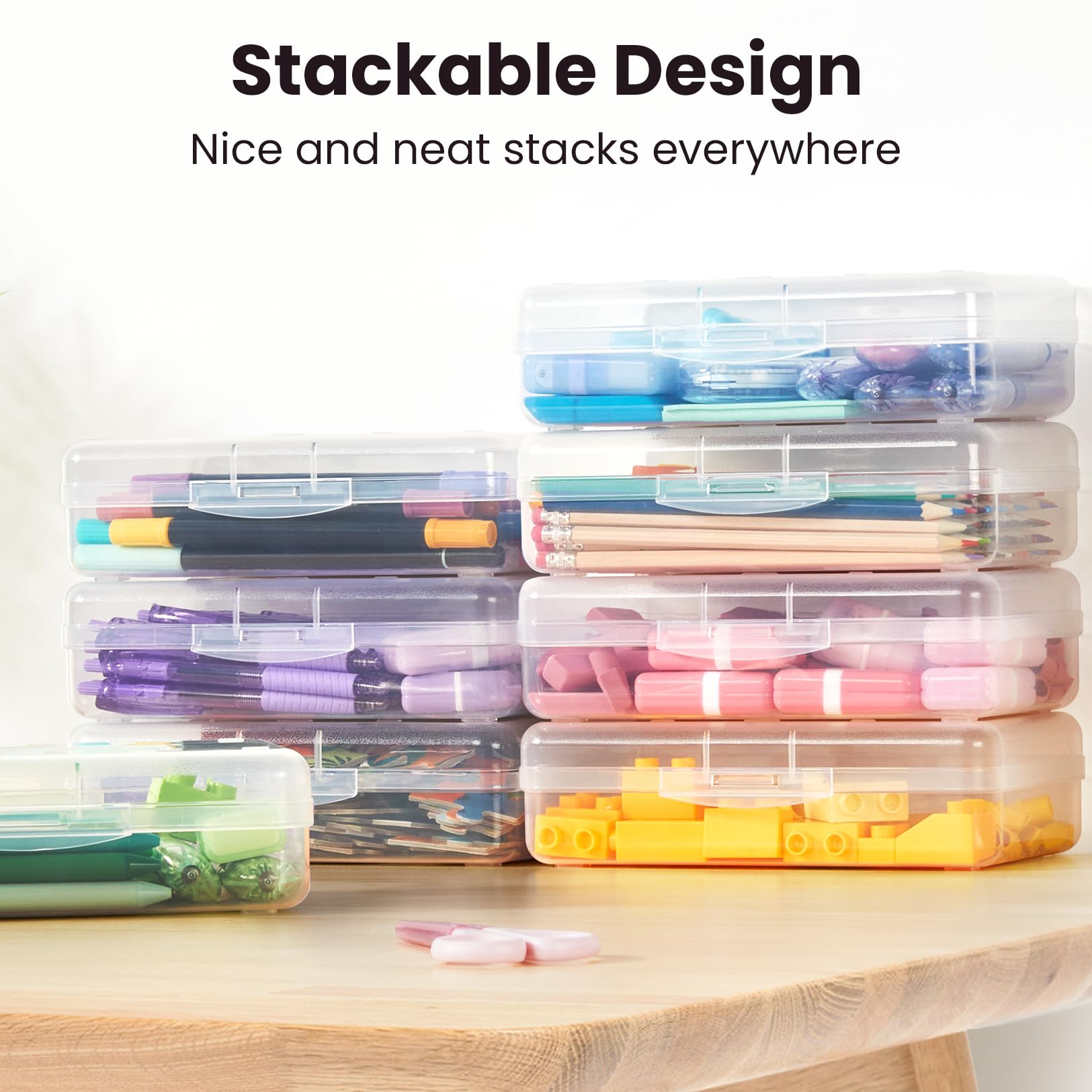 Sooez 6 Pack Clear Pencil Box, Plastic Large Capacity Pencil Boxes Plastic Boxes with Snap-tight Lid, Office Supplies Storage Organizer Box, Stackable Design and Stylish