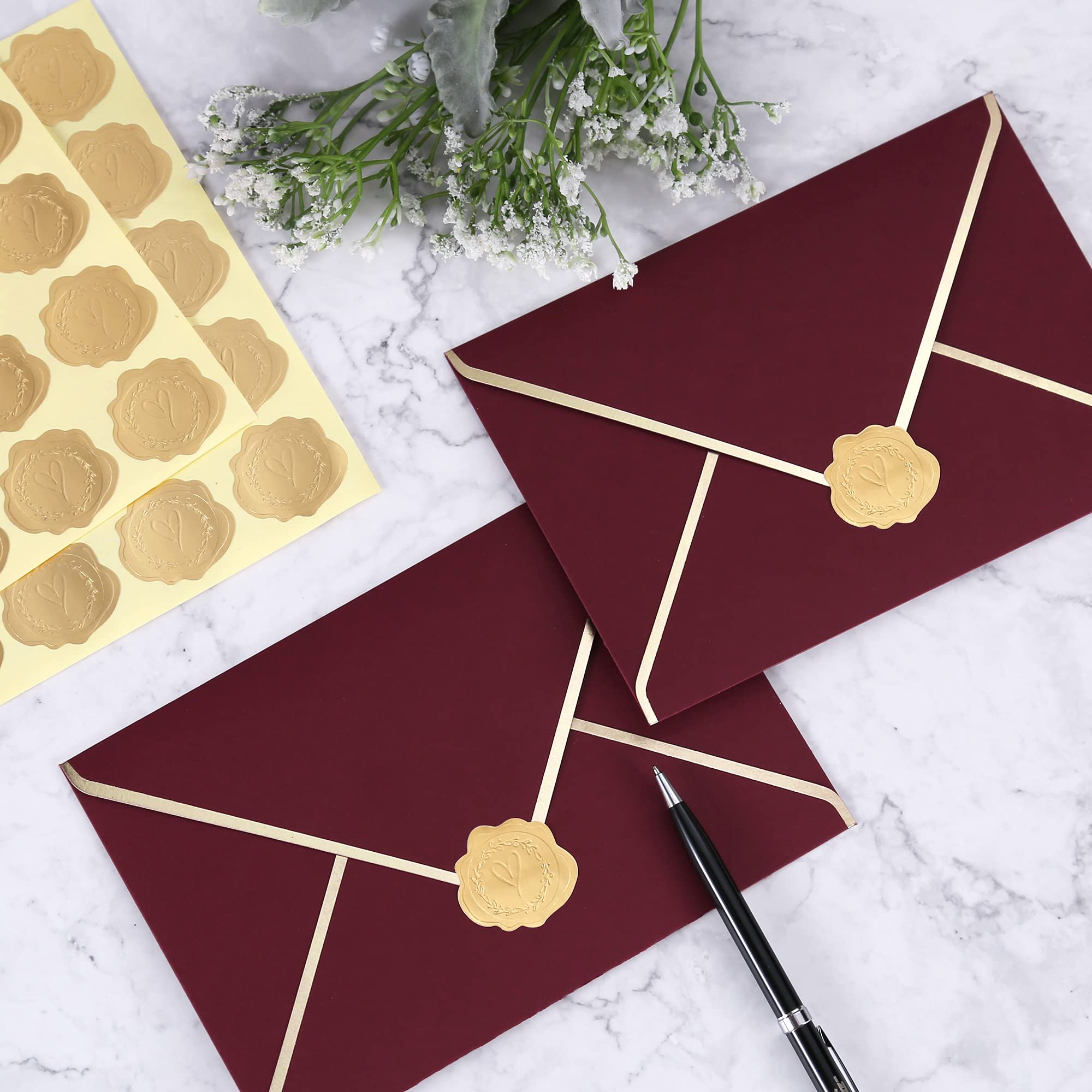 DreamBuilt 300pcs Gold Embossed Wax Seal Looking Heart Envelope Seals for Wedding Invitations / Greeting Cards / Party Favors, Self-Adhesive