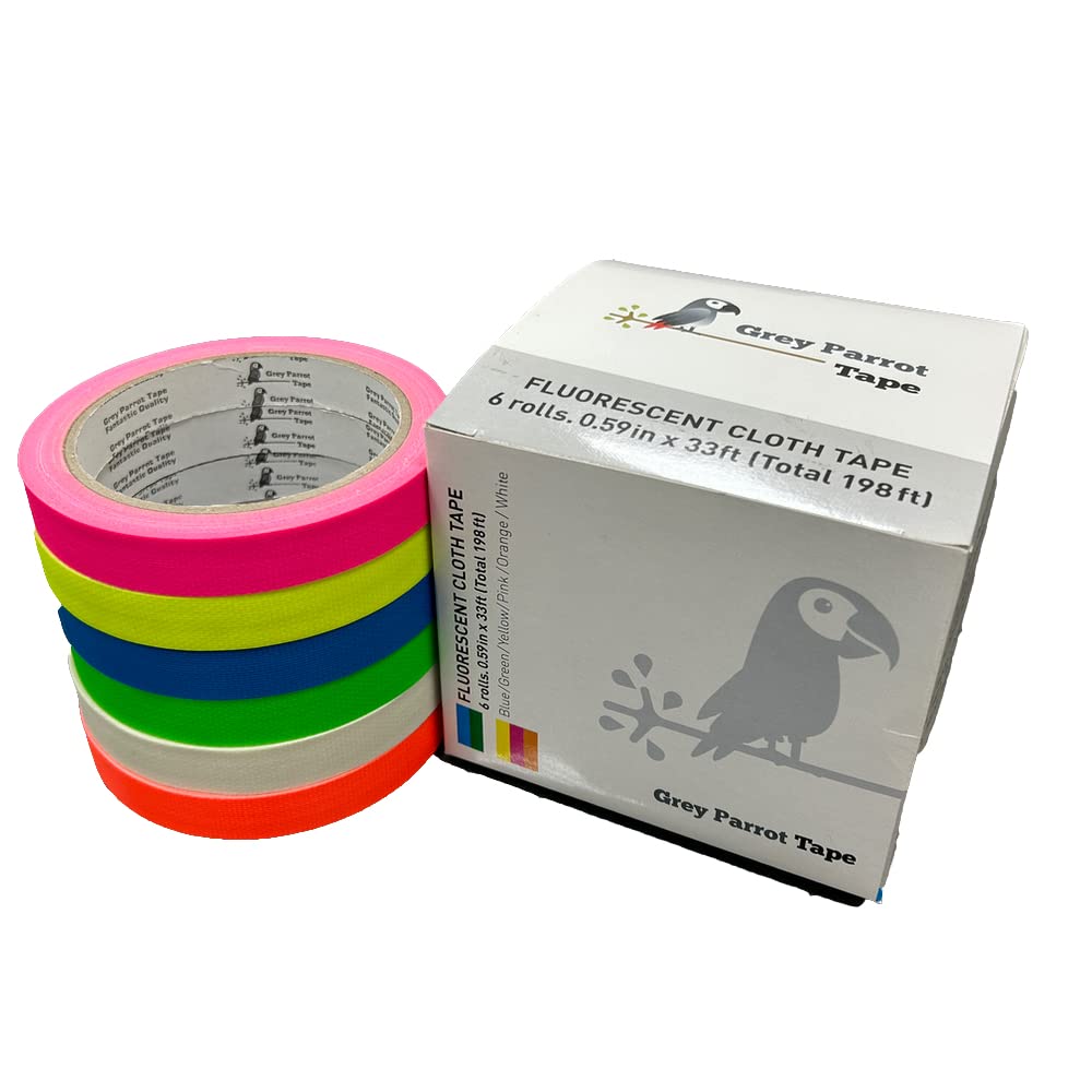 GreyParrot Tape UV Tape Blacklight Reactive, (6 Pack), (6 Colors), 33ft Per Roll, Fluorescent Cloth Tape, Glow in The Dark Tape Under UV Black Light