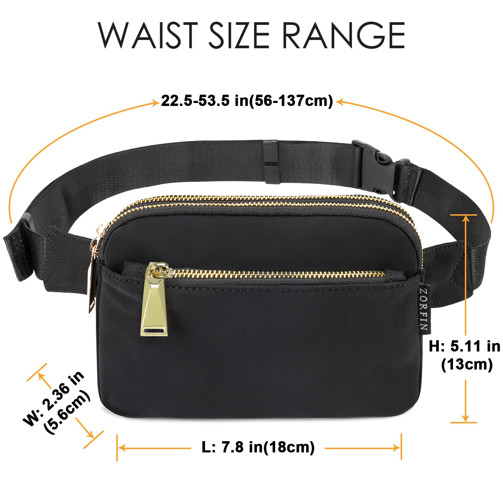 ZORFIN Fanny Packs for Women Men, Black Crossbody Fanny Pack, Belt Bag with Adjustable Strap, Fashion Waist Pack for Outdoors/Workout/Traveling/Casual/Running/Hiking/Cycling (Black)