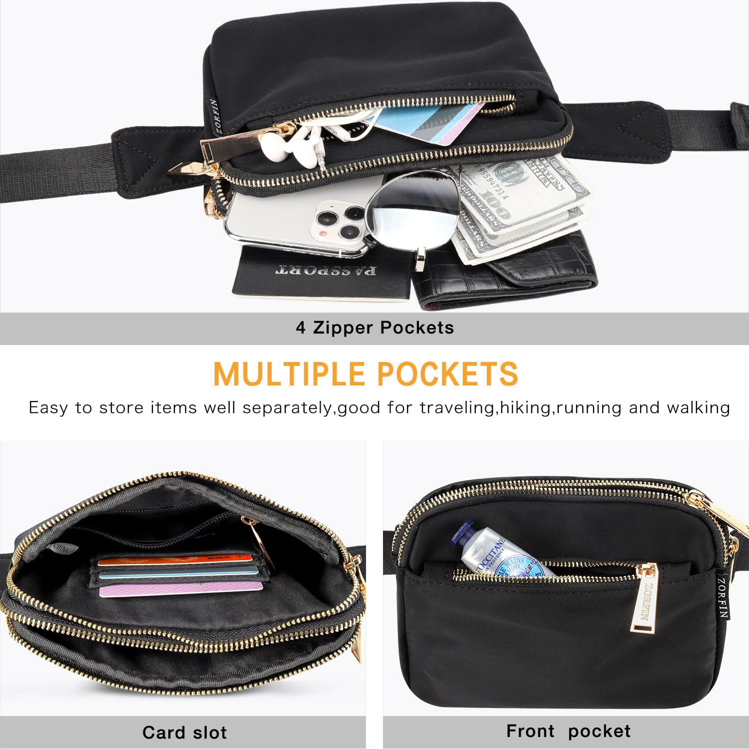 ZORFIN Fanny Packs for Women Men, Black Crossbody Fanny Pack, Belt Bag with Adjustable Strap, Fashion Waist Pack for Outdoors/Workout/Traveling/Casual/Running/Hiking/Cycling (Black)