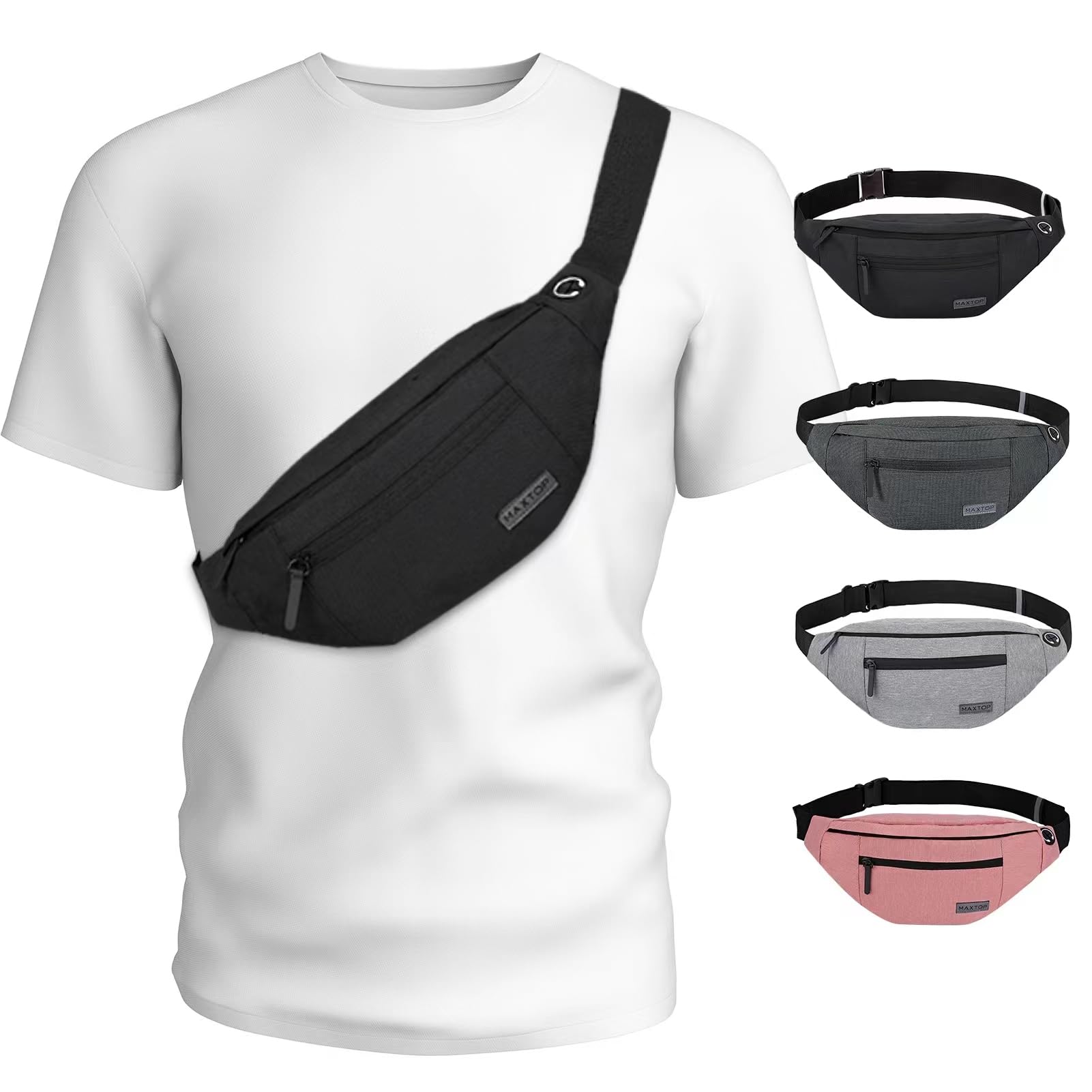 MAXTOP Large Crossbody Fanny Pack with 4-Zipper Pockets,Gifts for Enjoy Sports Yoga Festival Workout Traveling Running Casual Hands-Free Wallets Waist Pack Phone Belt Bag Carrying All Phones