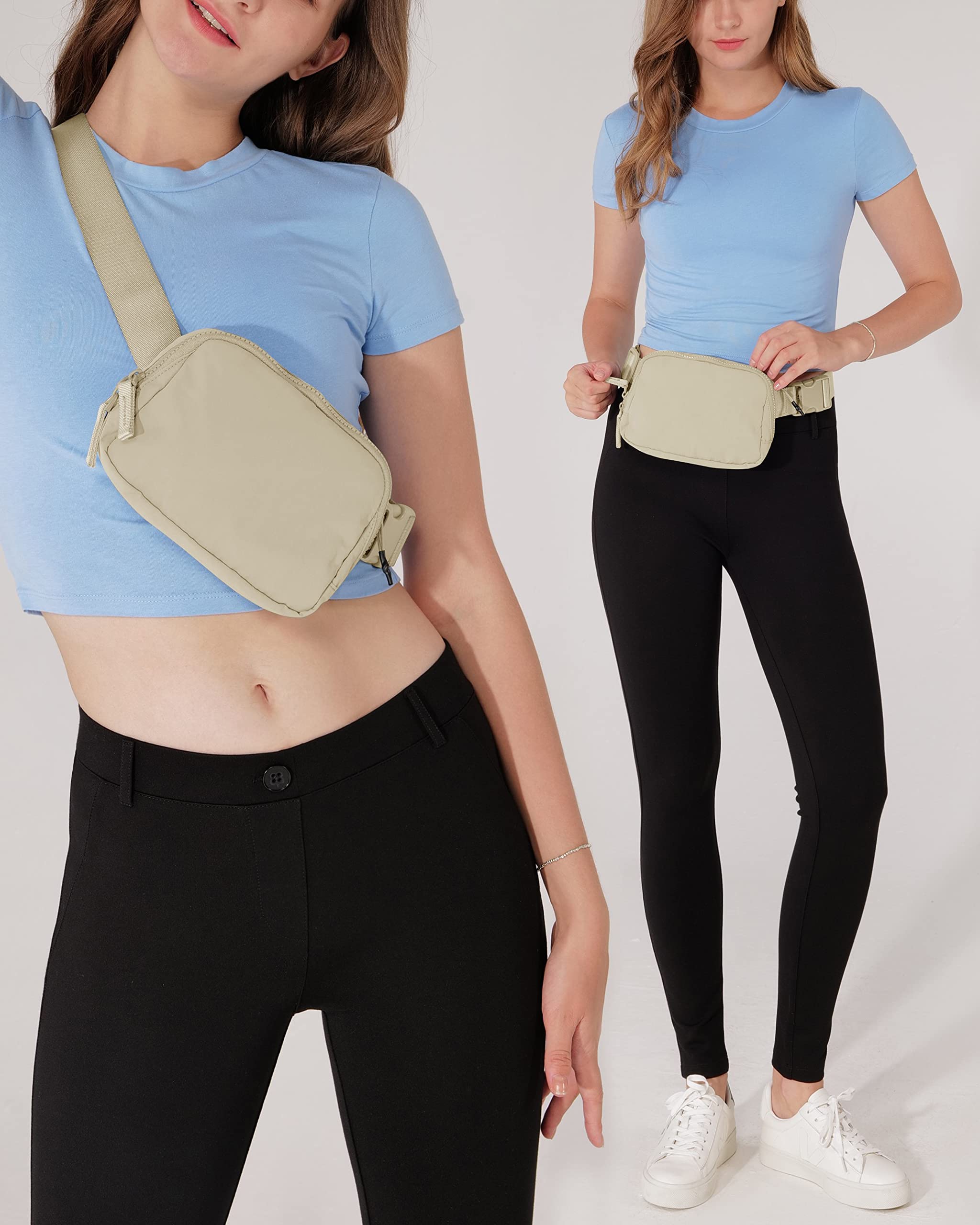 AslabCrew 2-Way Zipper Unisex Belt Bag with Adjustable Strap Fanny Packs Mini Waist Pouch for Outdoor Hiking Running Travel, Beige