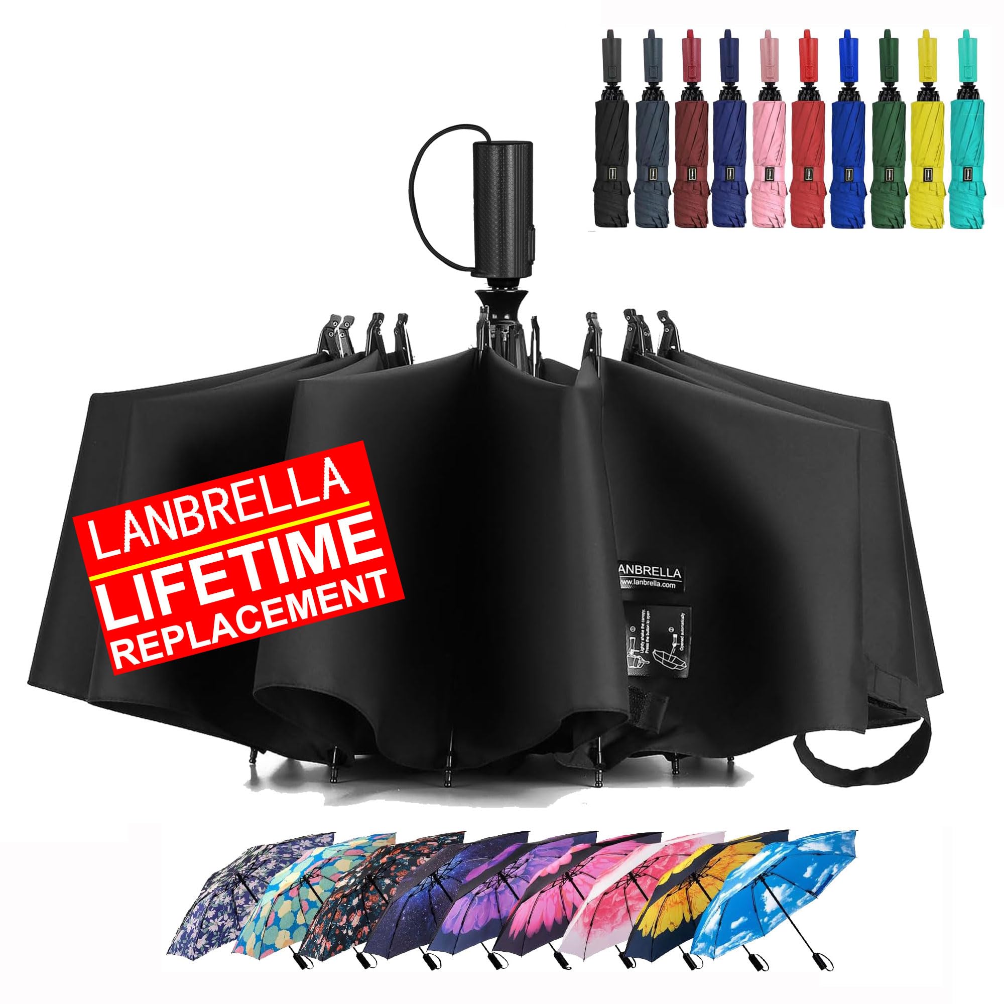 LANBRELLA Compact Reverse Folding Umbrella Auto Windproof Travel Umbrella-Black