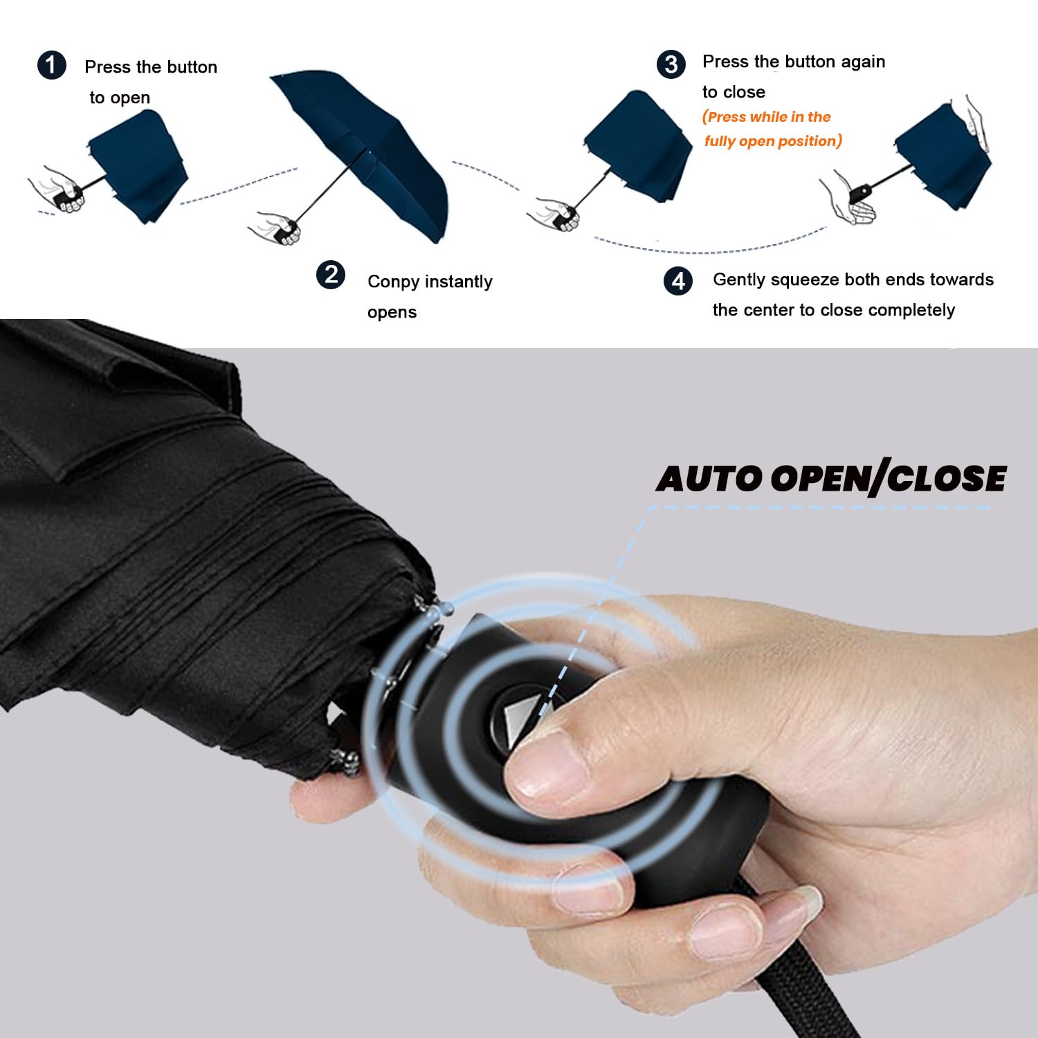 SIEPASA Windproof Travel Compact Umbrella, 8-Ribs Anti-UV Waterproof Folding Umbrella with Telfon Coating-One Button for Auto Open and Close. (Black)