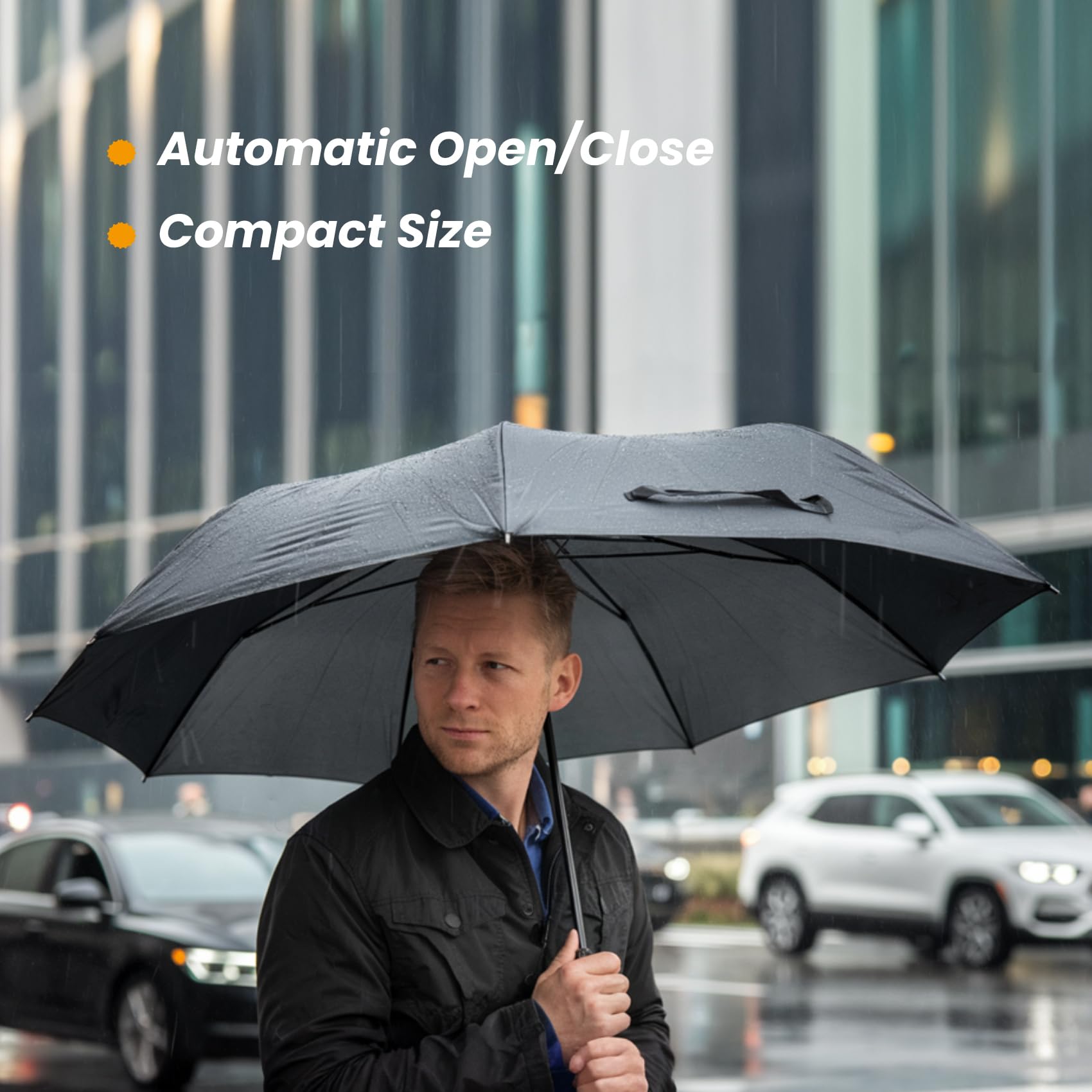 SIEPASA Windproof Travel Compact Umbrella, 8-Ribs Anti-UV Waterproof Folding Umbrella with Telfon Coating-One Button for Auto Open and Close. (Black)