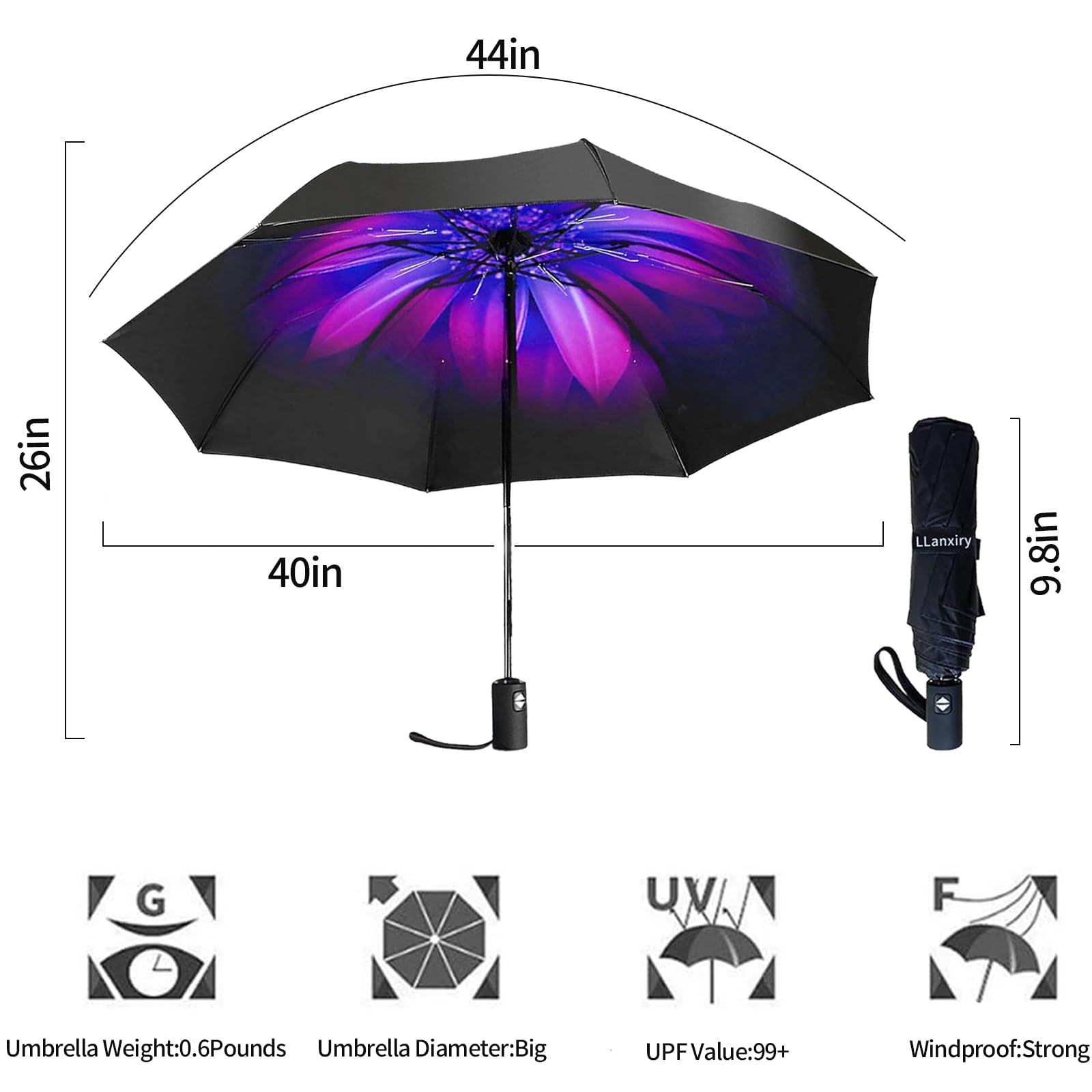 LLanxiry Compact Travel Umbrella,Windproof Waterproof Stick Umbrella Anti-UV Protection Golf Umbrellas(Orchid)