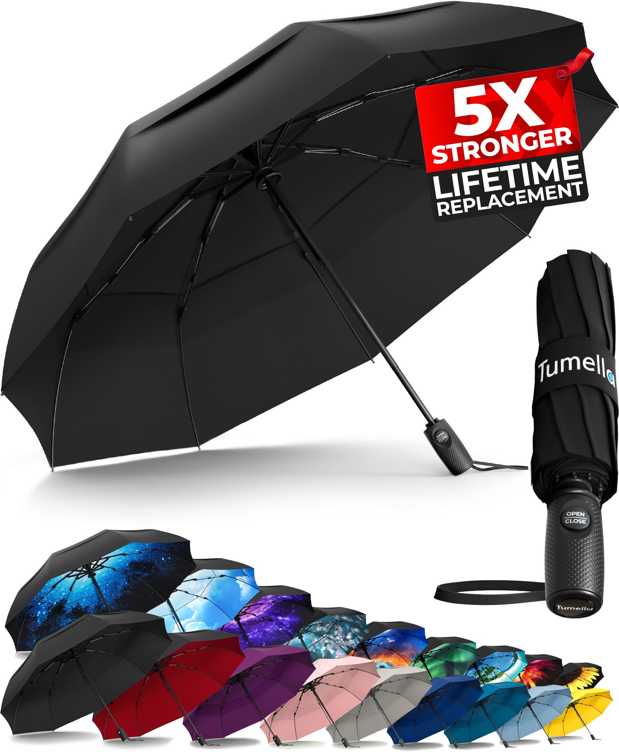 TUMELLA UltraV7 #1 Windproof Travel Umbrella [Light, Beautiful, Superior & Unbreakable], 2023 Anti-Flip & Ultra-Flex Tech, Compact, Small, Portable, Automatic, Strong, Durable, Premium Grip, Vibrant Designs, Folding Umbrella