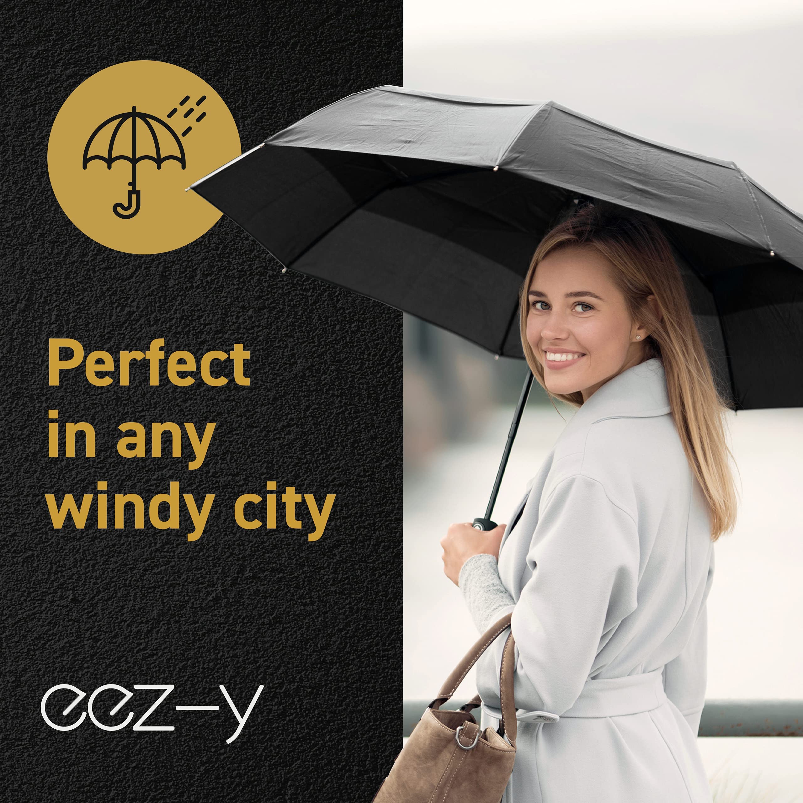 EEZ-Y Travel Umbrellas for Rain - Wind Resistant w/Open Close Button - Black