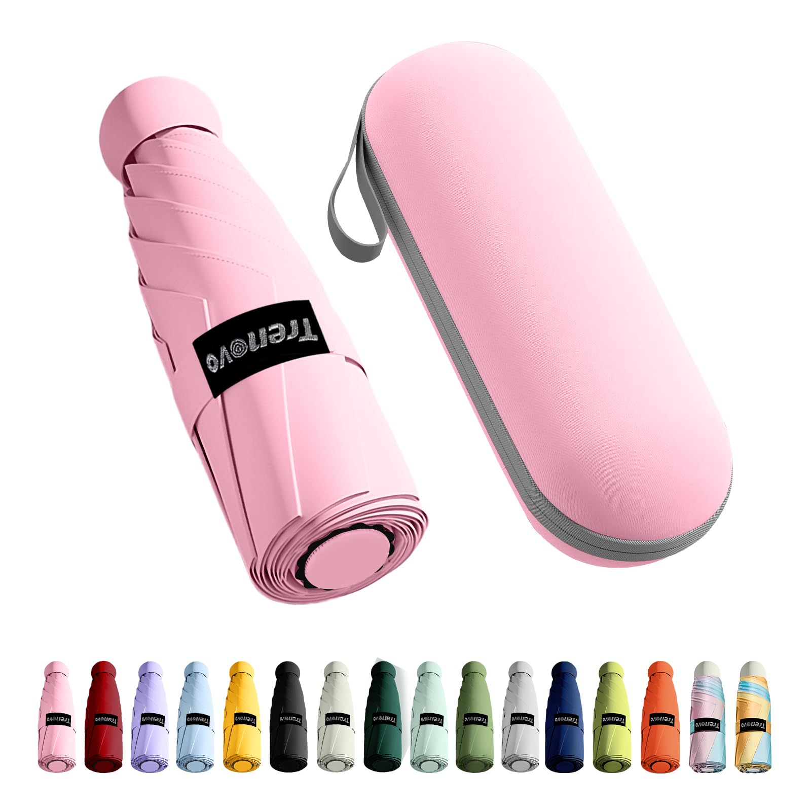 Trenovo Travel Umbrella - Mini Folding Compact Umbrella with Case, 8 Ribs Lightweight Portable Umbrella, Small Sun & Rain Pocket Umbrella for Girls and Women - Pink