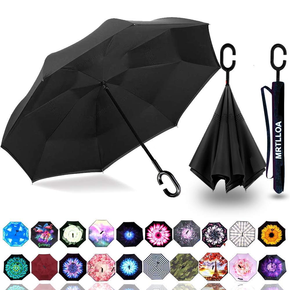 MRTLLOA Windproof Inverted Reverse Umbrella with UV Protection, C-Shaped Handle Double Layer Stick Umbrella for Rain (Black)
