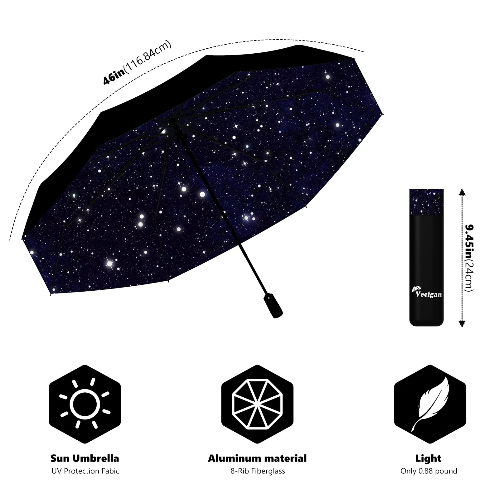 Vecigan Compact Umbrella Small Travel Cute Umbrella for Rain and Sun (Starry Sky)