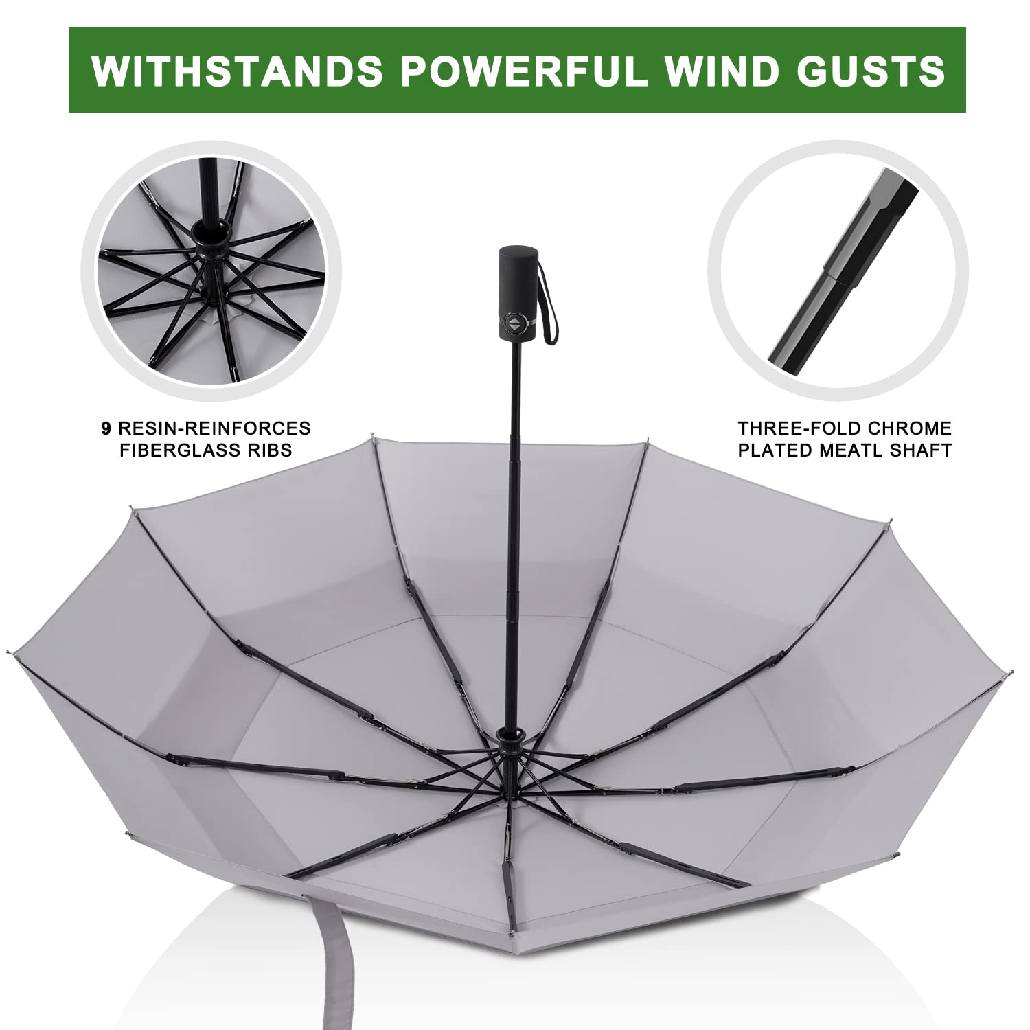 Amazon Brand - Pinzon Umbrella Compact Travel Umbrellas Strong Durable Windproof Umbrella for Rain Portable Umbrella with Teflon Coating - Reinforced Canopy, Ergonomic Handle, Auto Open/Close - Grey