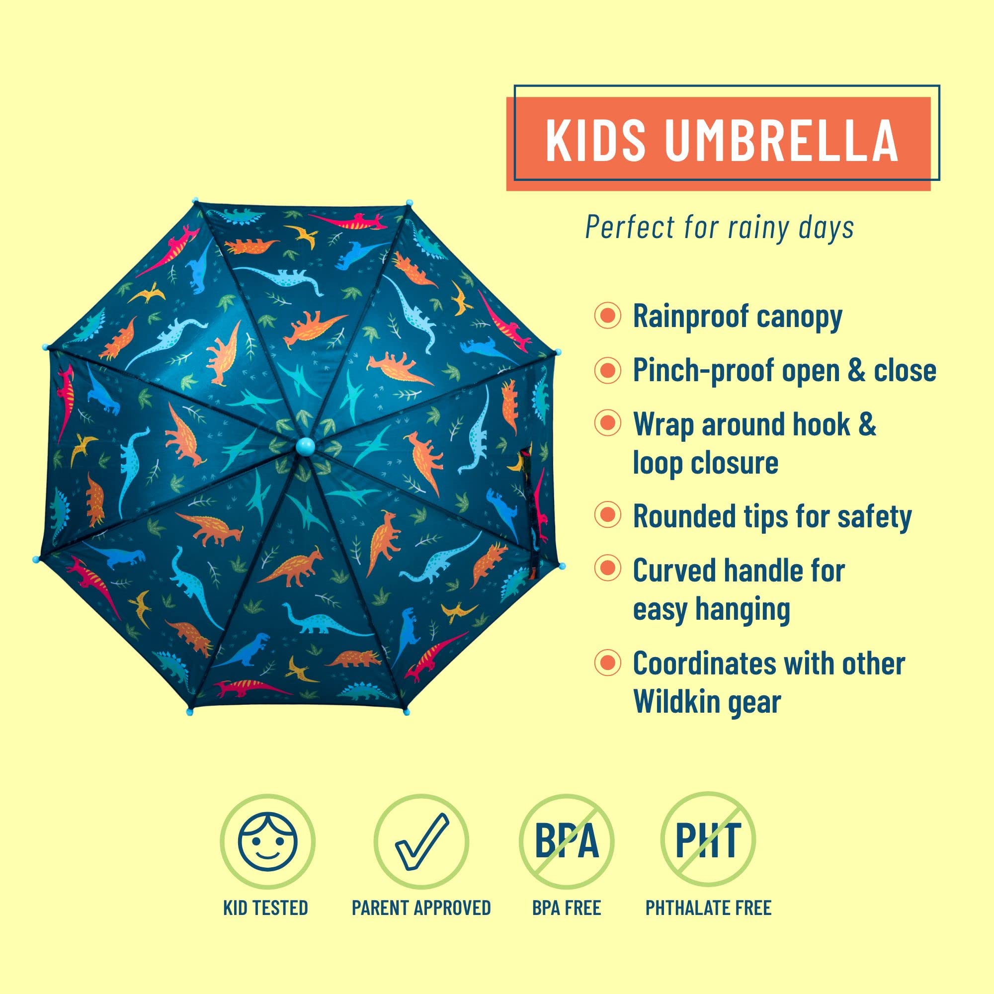 Wildkin Kids Umbrella for Boys & Girls, Features Rainproof Canopy and Curved Handle for Easy Hanging, Wrap Around Hook and Loop Closure Umbrella for Kids (Jurassic Dinosaurs)