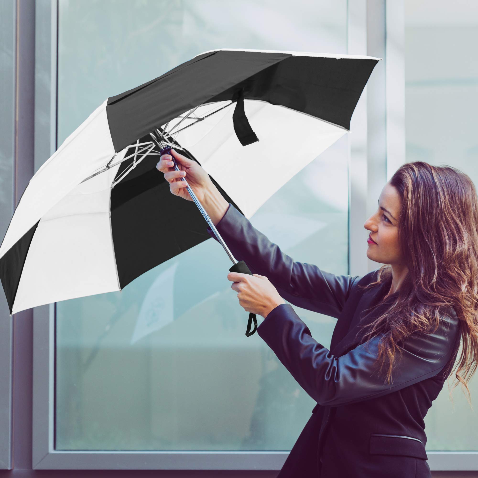 STROMBERGBRAND UMBRELLAS Vented Windproof Umbrella Compact Small Sturdy Automatic Open Wind Vent for Women and Men (with Matching case and Strap), (White)