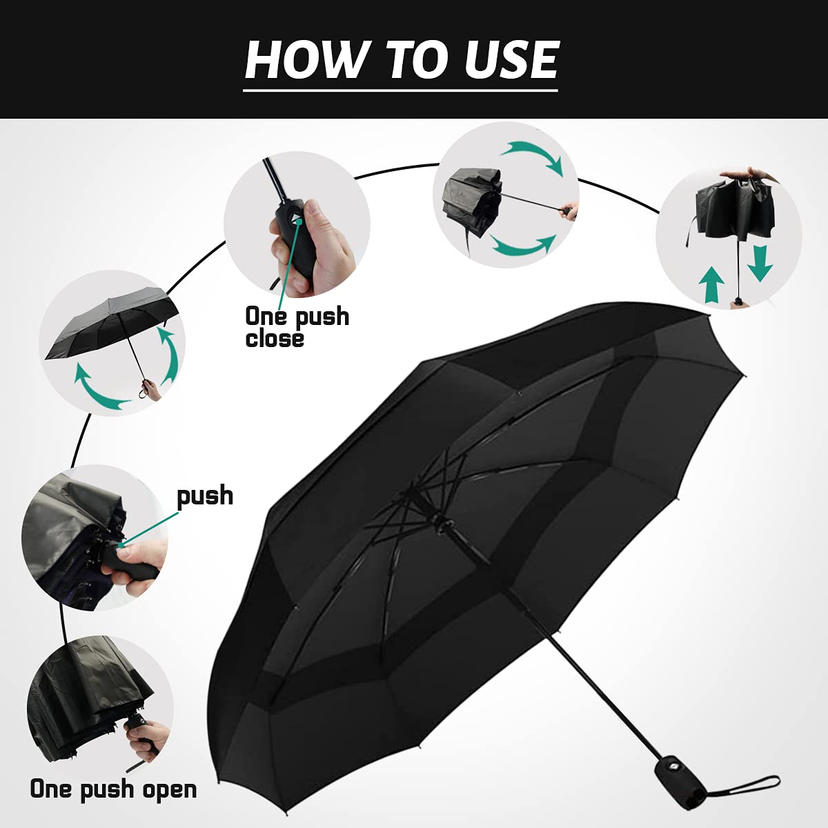 LLanxiry Umbrella Windproof Travel Umbrellas for Rain Black Folding Umbrellas 10 RIBS Automatic Strong Portable Wind Resistant Backpack Umbrella for Men and Women (Black)