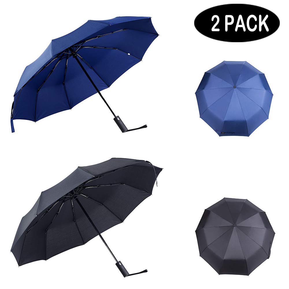 PFFY 2 Packs Travel Umbrella Windproof Auto Open & Close Collapsible Folding Small Compact 10 RIBS Backpack Car travel Essentials Purse Umbrellas for Rain Black+Blue