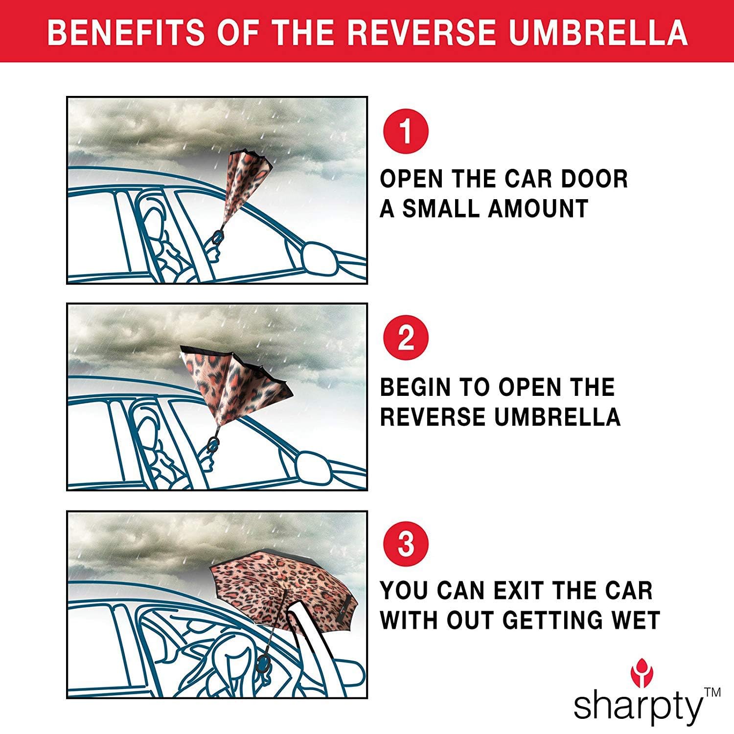 Sharpty Inverted Umbrella, Umbrella Windproof, Reverse Umbrella, Umbrellas for Women, Upside Down Umbrella with C-Shaped Handle (Leopard)