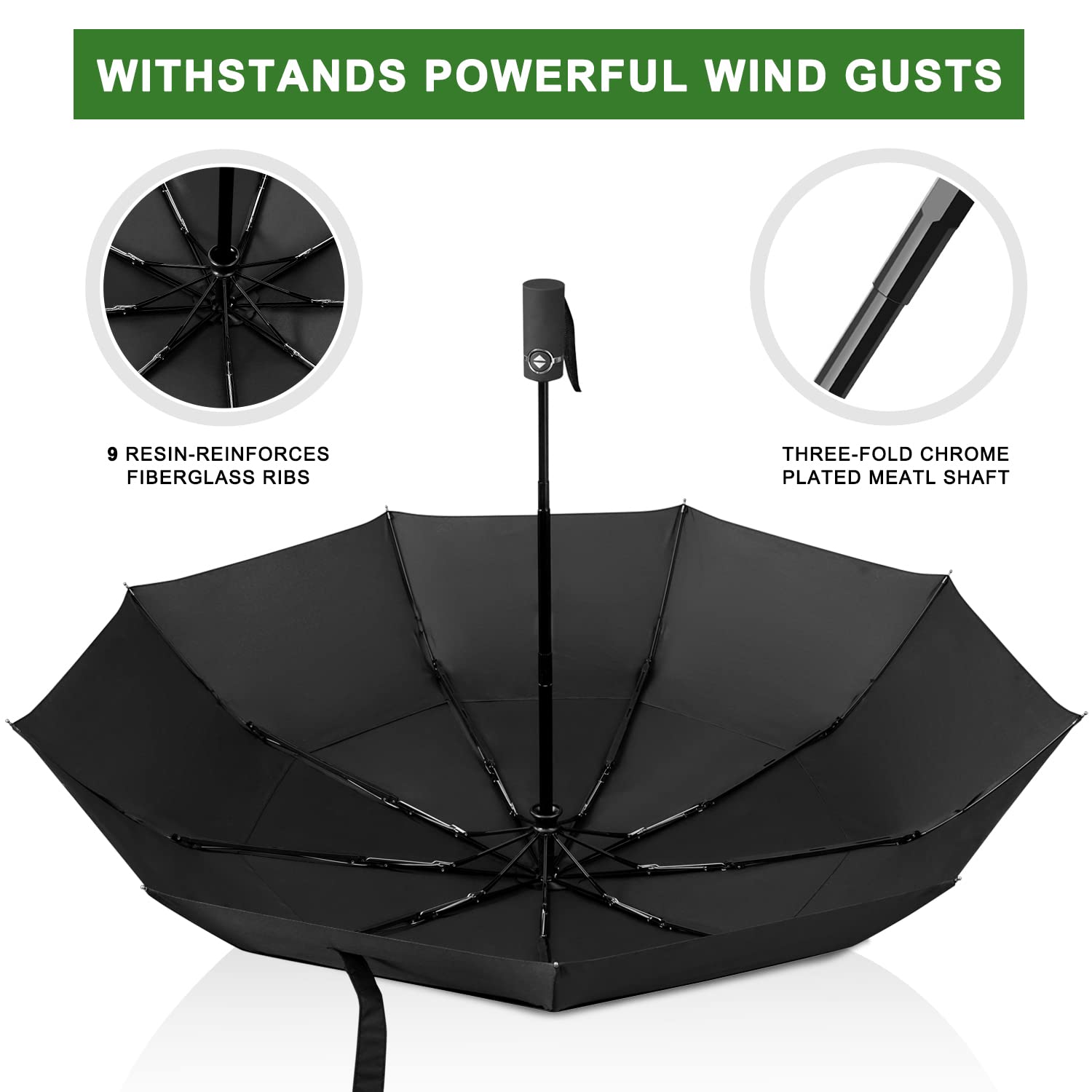 Amazon Brand - Pinzon Umbrella Compact Travel Umbrellas Strong Durable Windproof Umbrella for Rain Portable Umbrella - Reinforced Canopy, Ergonomic Handle, Auto Open/Close - Black