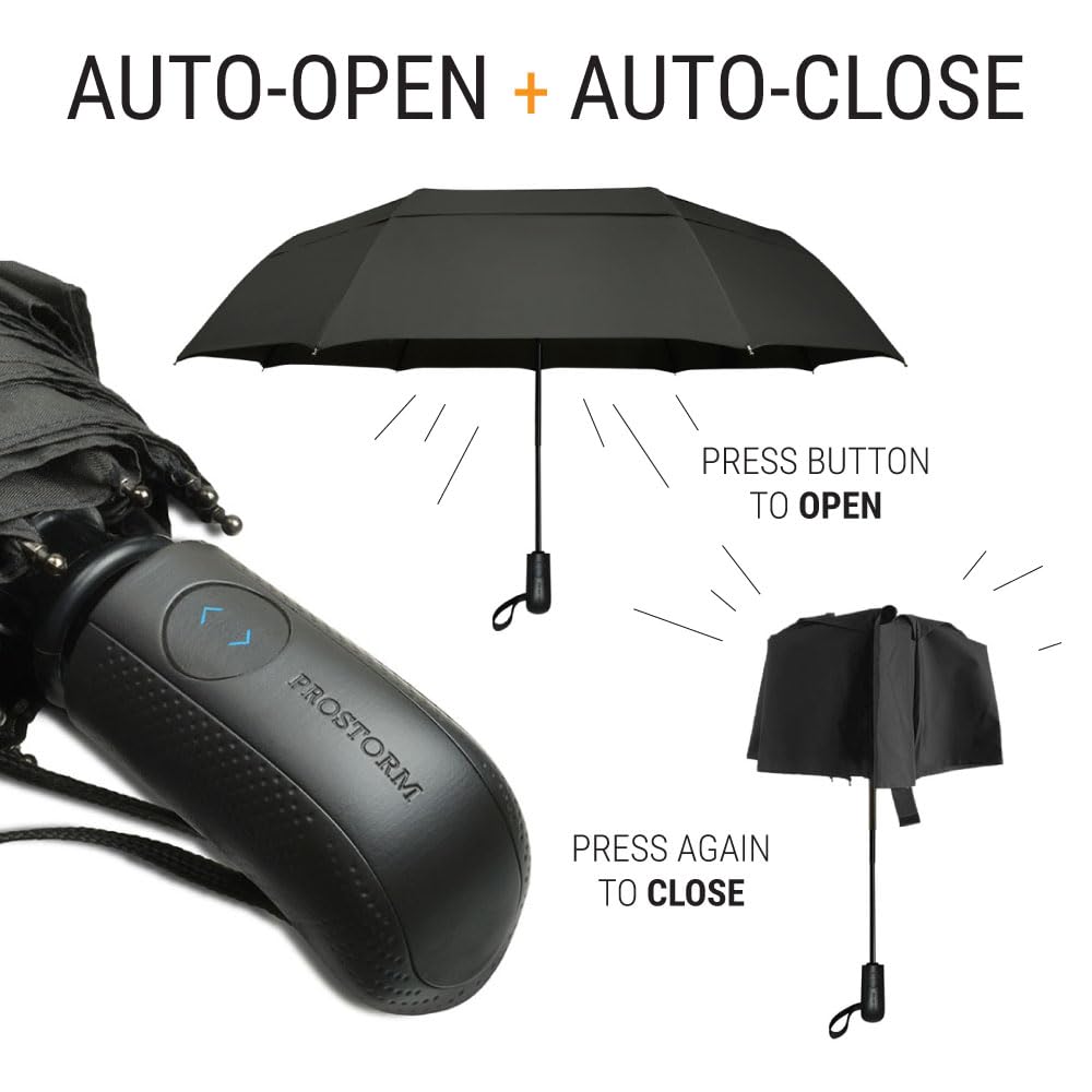 Prostorm Windproof Deep Dome Double Vented Travel Umbrella with Automatic Open & Close Pro Storm (Black)