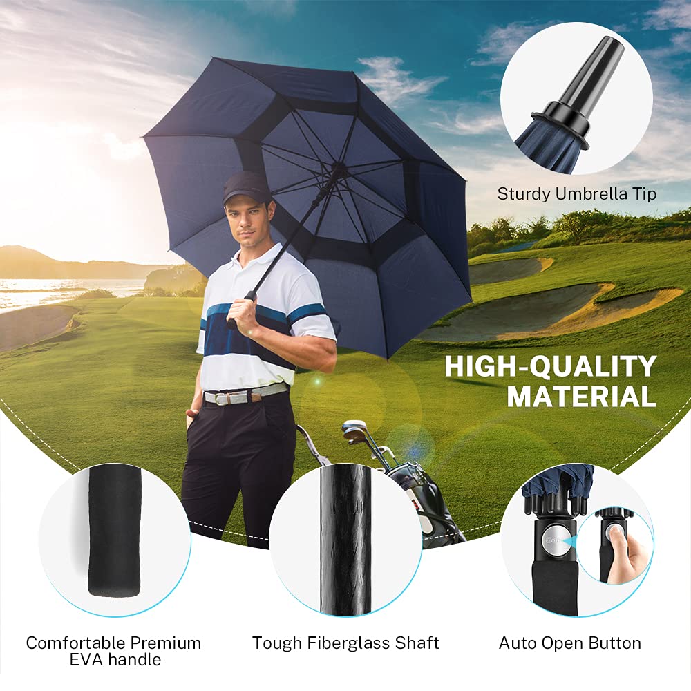 Gonex 62 Inch Extra Large Golf Umbrella, Automatic Open Travel Rain Umbrella with Windproof Water Resistant Double Canopy, Oversize Vented Umbrellas for 2-3 Men and UV Protection, Navy