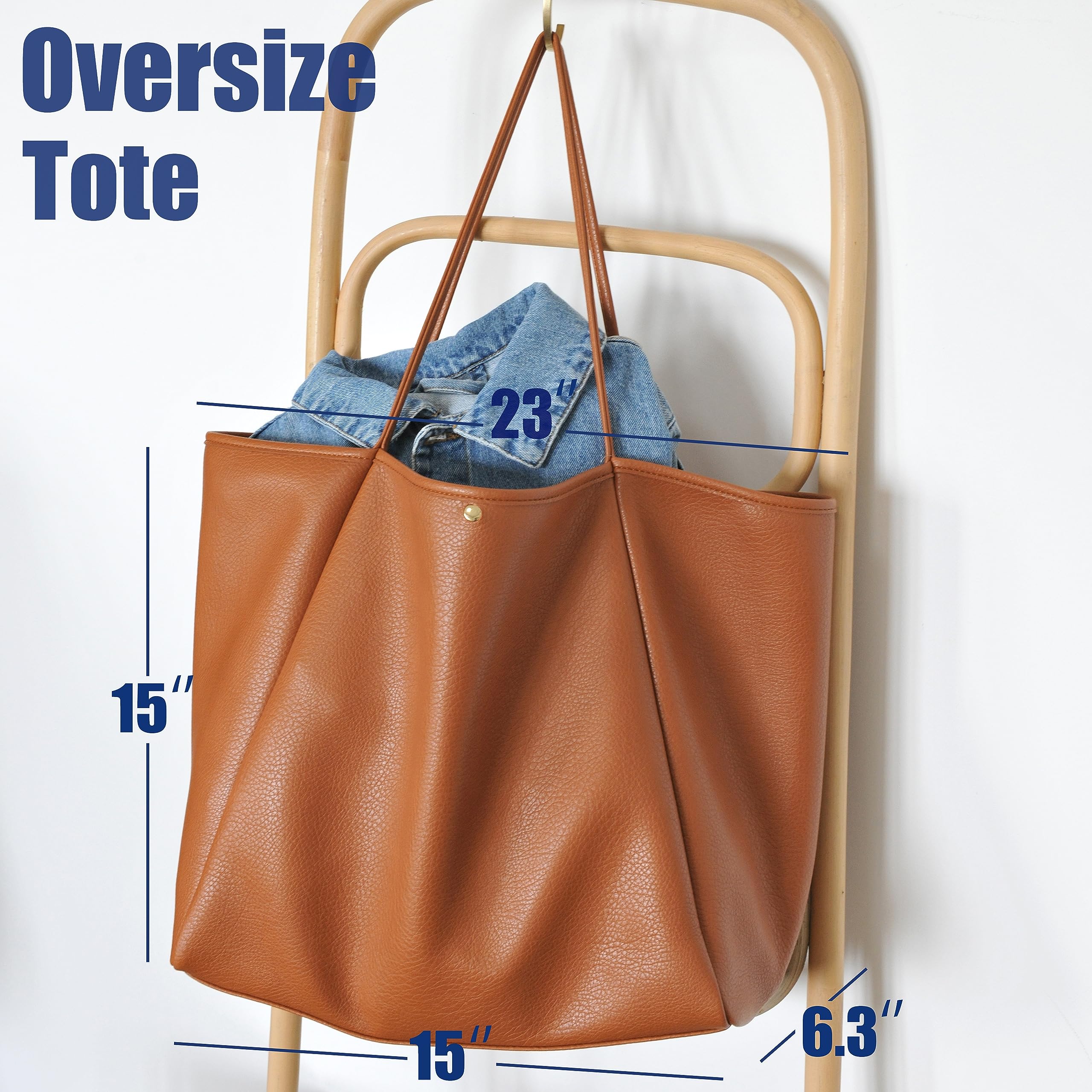 Oversize Vegan Leather Tote Women Weekender Bag Shopper Handbag Travel Purse (Brown)