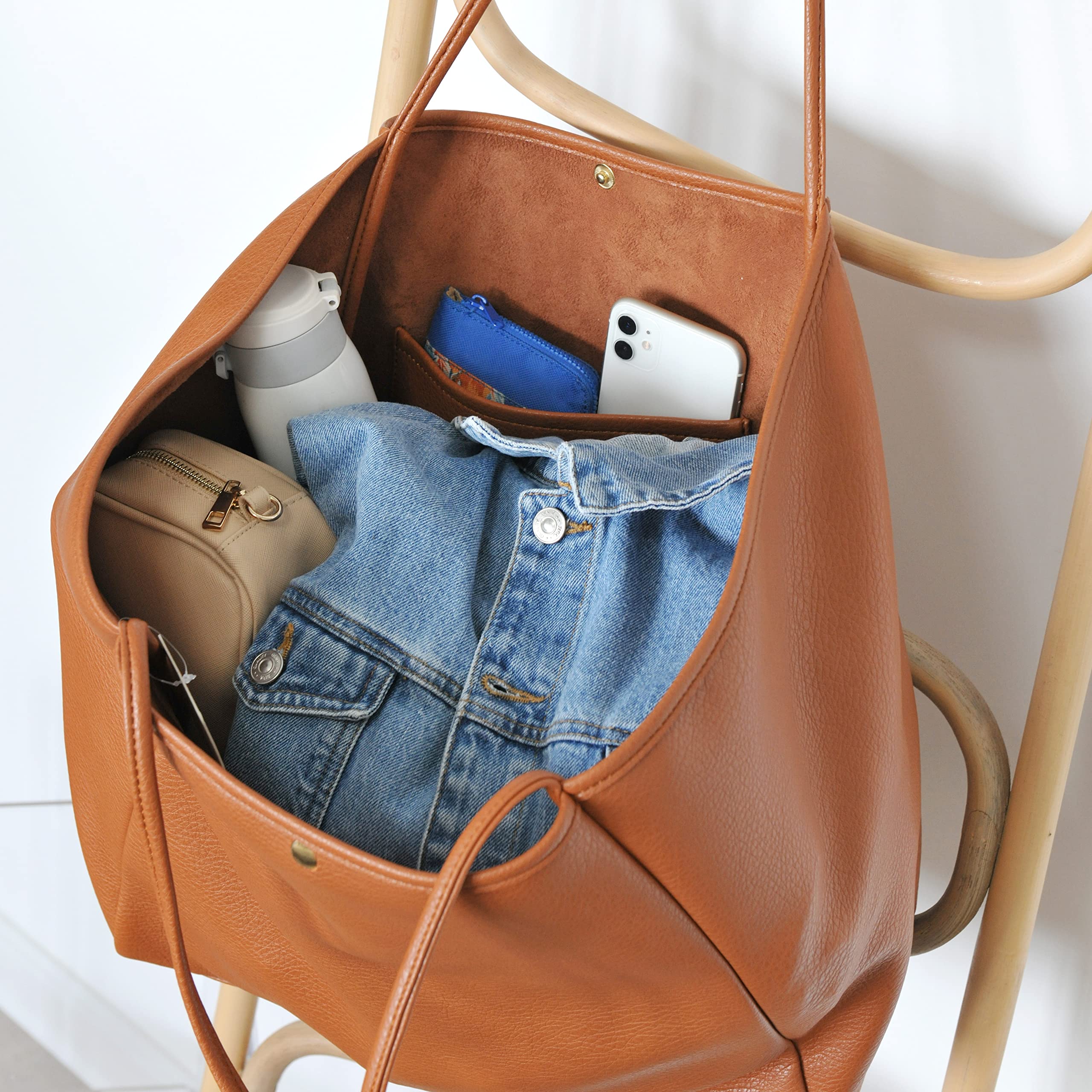 Oversize Vegan Leather Tote Women Weekender Bag Shopper Handbag Travel Purse (Brown)