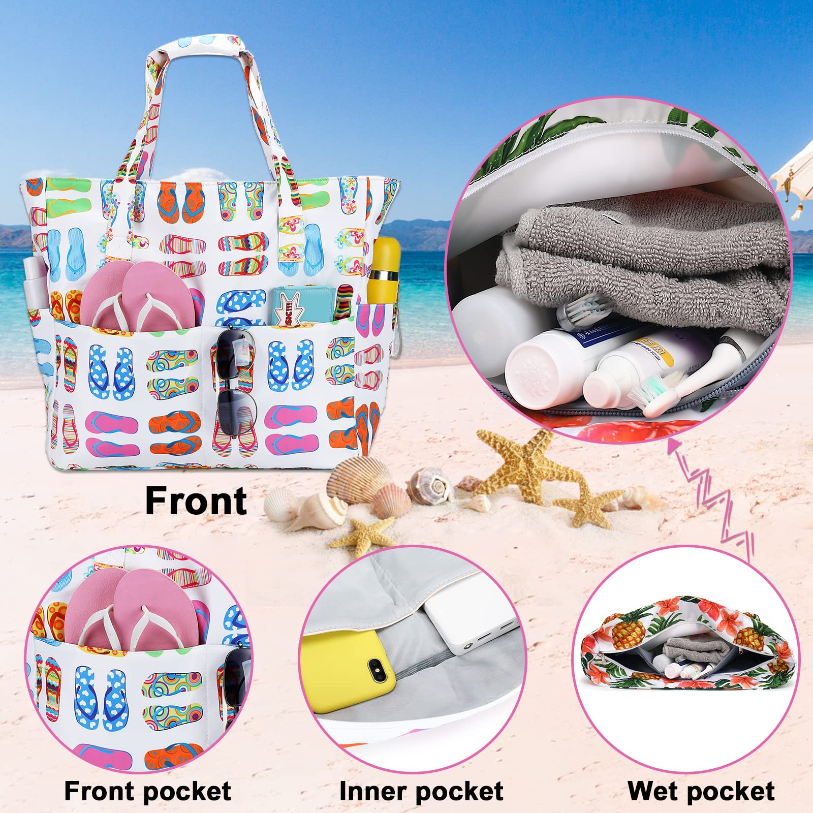 Waterproof Beach Tote Pool Bags for Women Ladies Extra Large Gym Tote Carry On Bag With Wet Compartment for Weekender Travel (slipper)