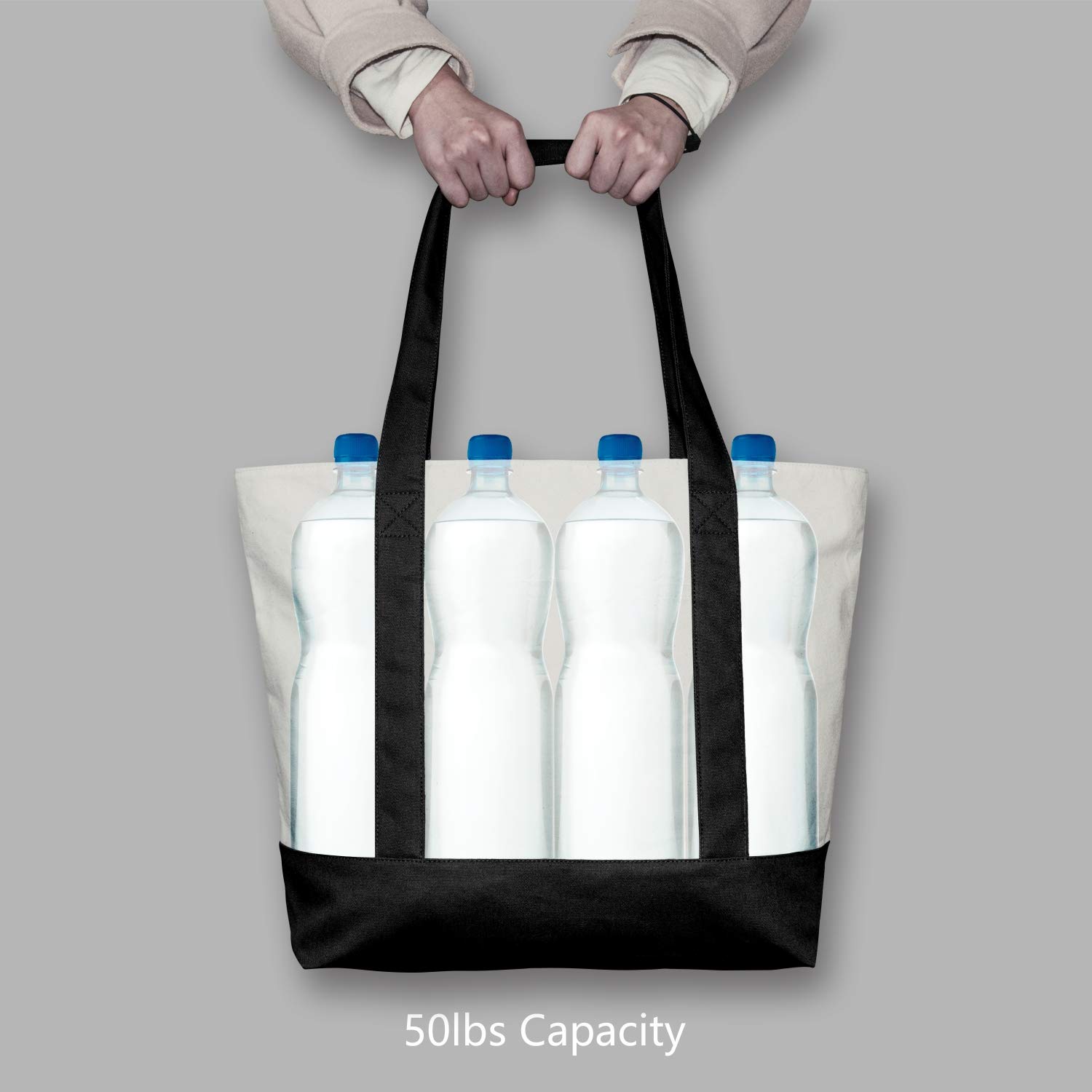 TOPDesign 1 | 3 | 6 | 30 Pack Stylish Canvas Tote Bag with an External Pocket, Top Zipper Closure, Daily Essentials (Black/Natural Pack of 1)