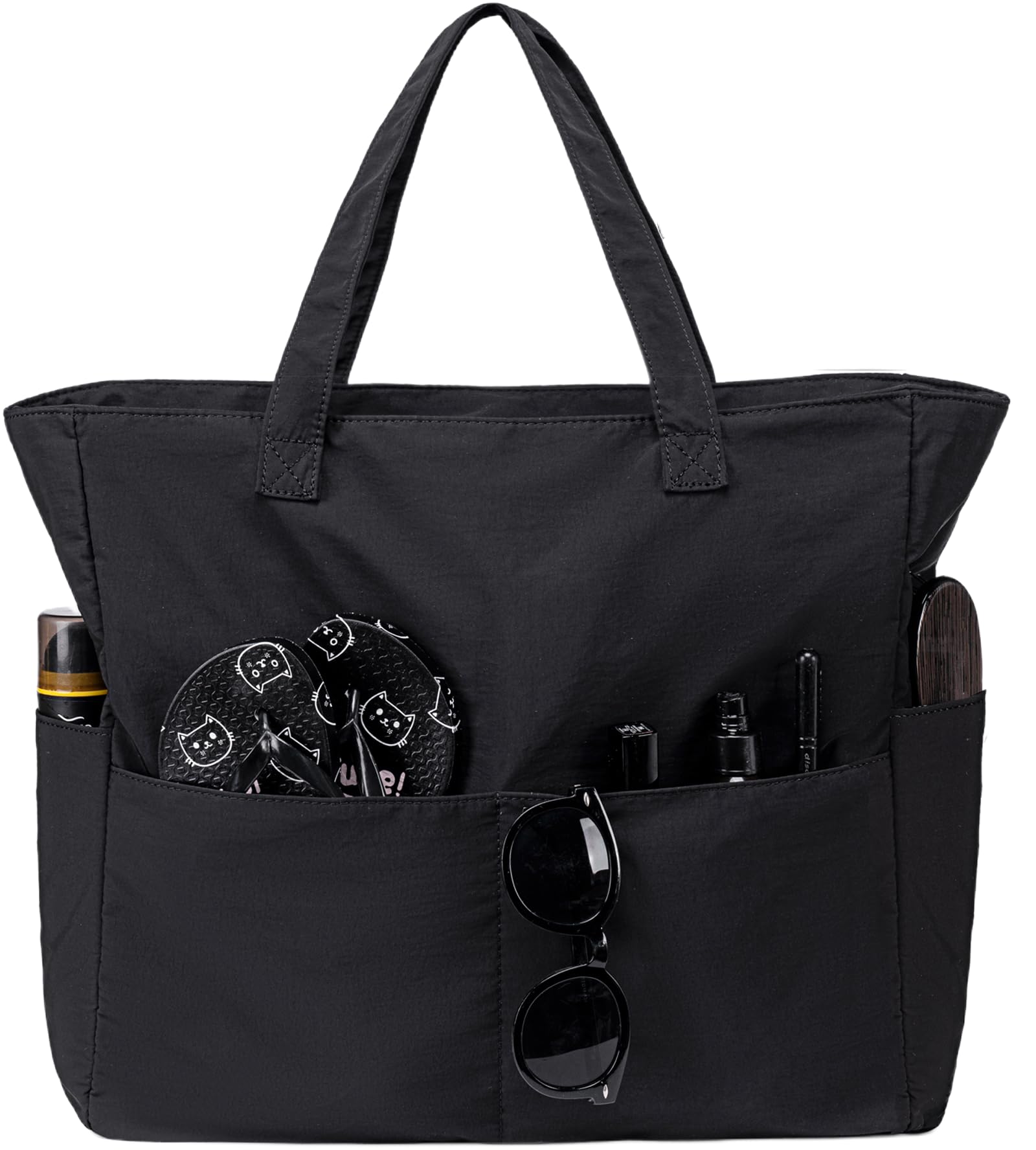 LEDAOU Large Beach Tote Bag Women Waterproof Sandproof Zipper Beach Tote Bag for Pool Gym Grocery Travel with Wet Pocket (Black)
