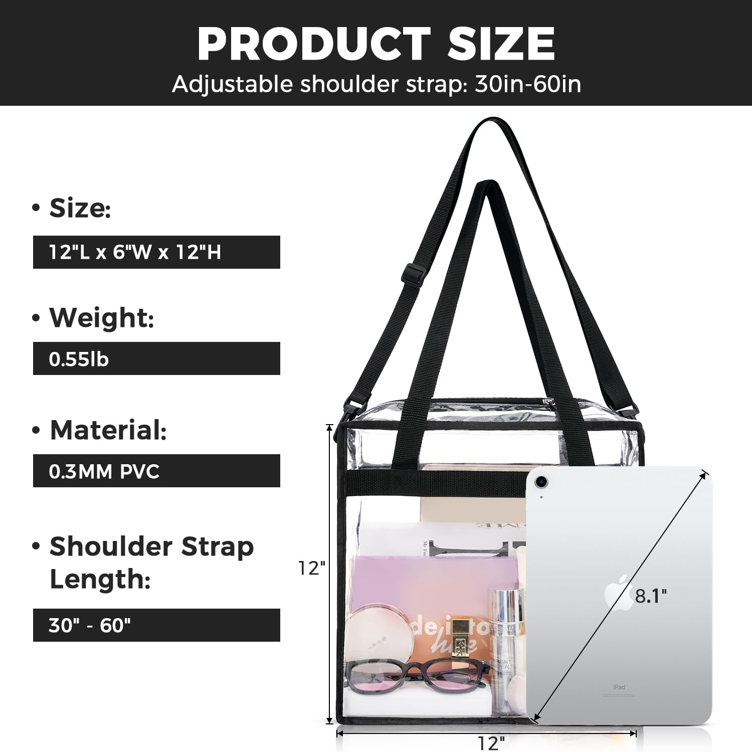 BAGAIL Clear bags Stadium Approved Clear Tote Bag with Zipper Closure Crossbody Messenger Shoulder Bag with Adjustable Strap(12 Inch X 12 Inch X 6 Inch,Black)