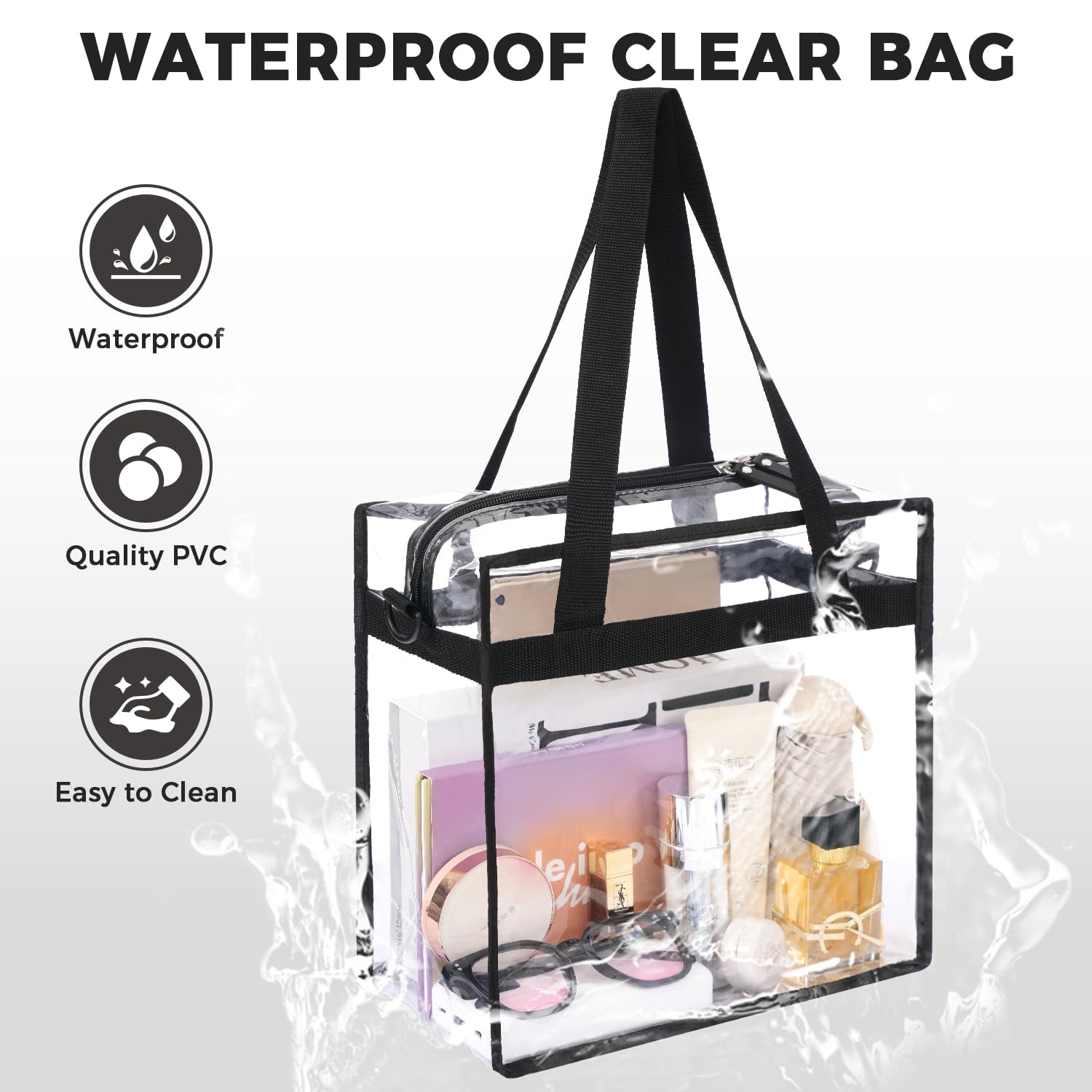 BAGAIL Clear bags Stadium Approved Clear Tote Bag with Zipper Closure Crossbody Messenger Shoulder Bag with Adjustable Strap(12 Inch X 12 Inch X 6 Inch,Black)