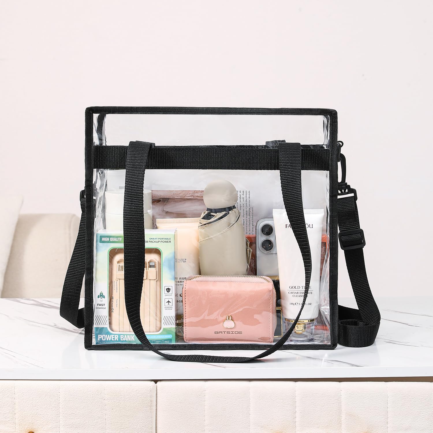 BAGAIL Clear bags Stadium Approved Clear Tote Bag with Zipper Closure Crossbody Messenger Shoulder Bag with Adjustable Strap(12 Inch X 12 Inch X 6 Inch,Black)