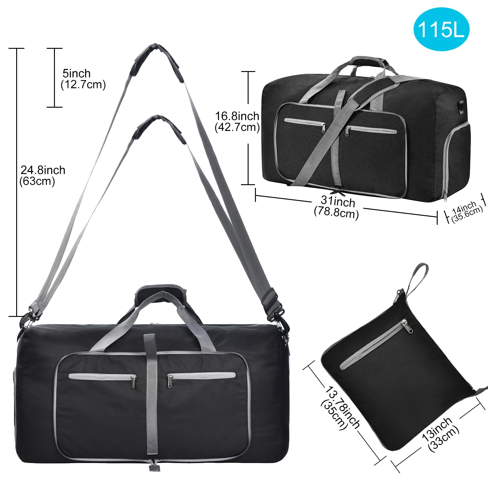 Felipe Varela 65L Duffle Bag with Shoes Compartment and Adjustable Strap,Foldable Travel Duffel Bags for Men Women,Waterproof Duffel Bags