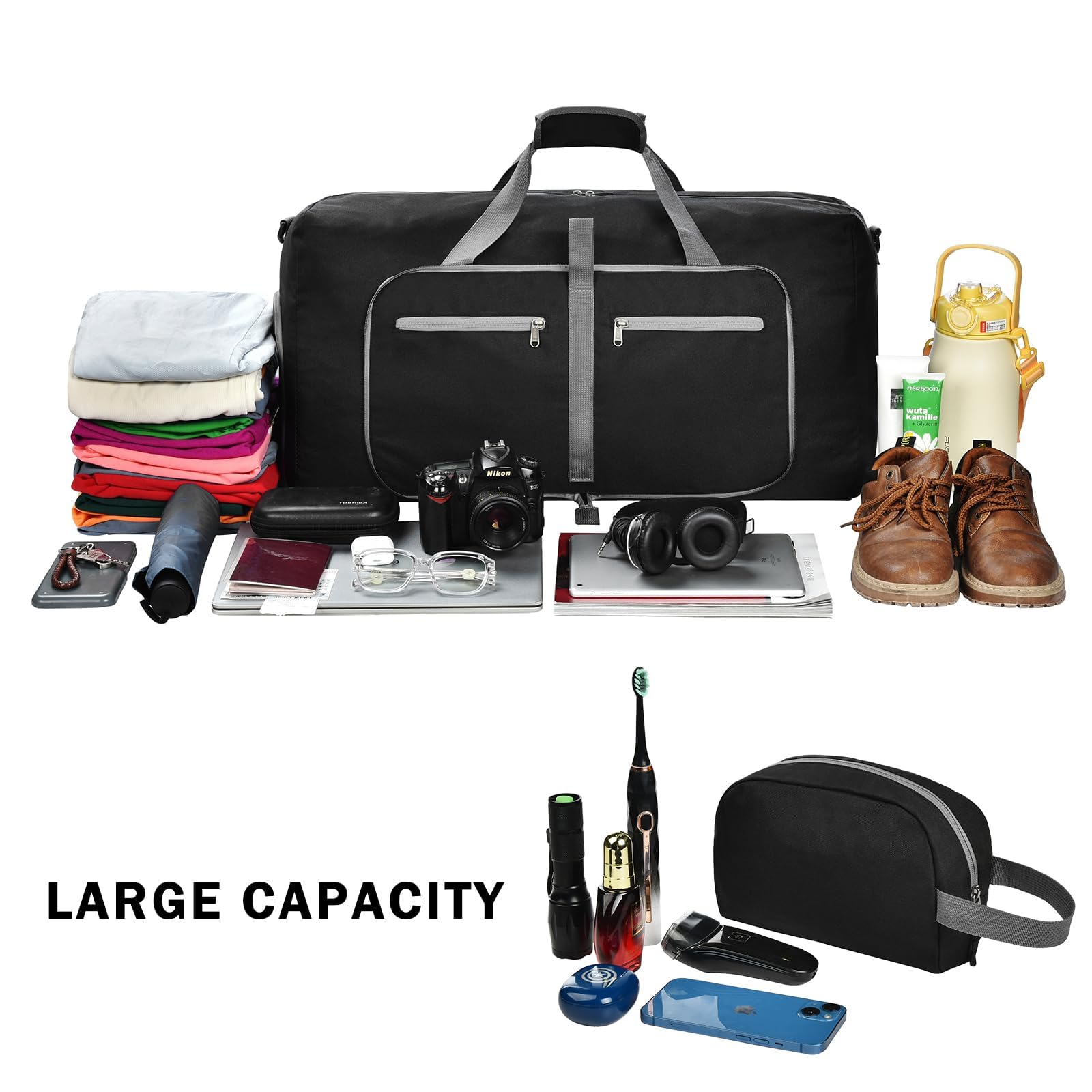 Felipe Varela 65L Duffle Bag with Shoes Compartment and Adjustable Strap,Foldable Travel Duffel Bags for Men Women,Waterproof Duffel Bags