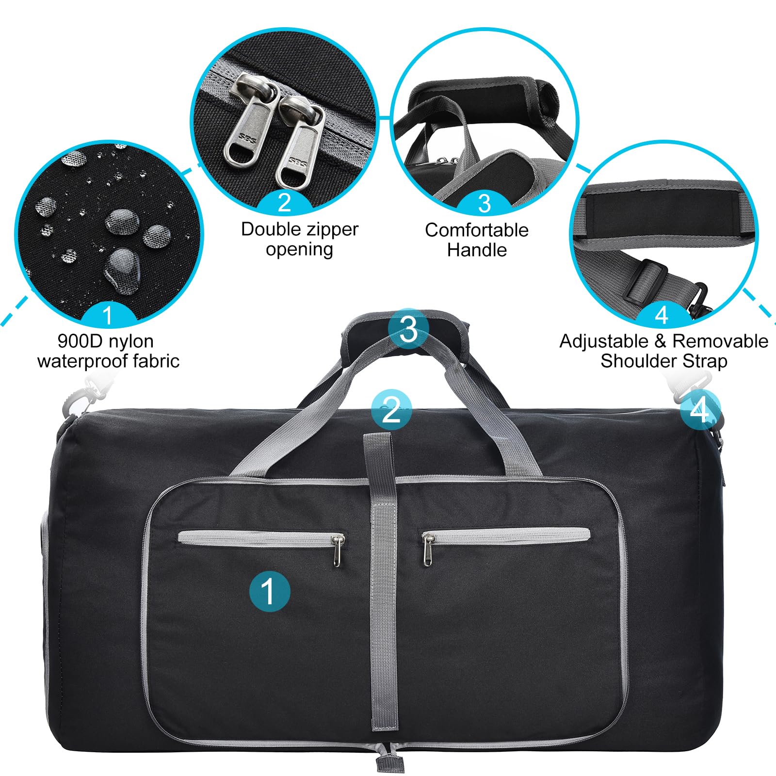 Felipe Varela 65L Duffle Bag with Shoes Compartment and Adjustable Strap,Foldable Travel Duffel Bags for Men Women,Waterproof Duffel Bags