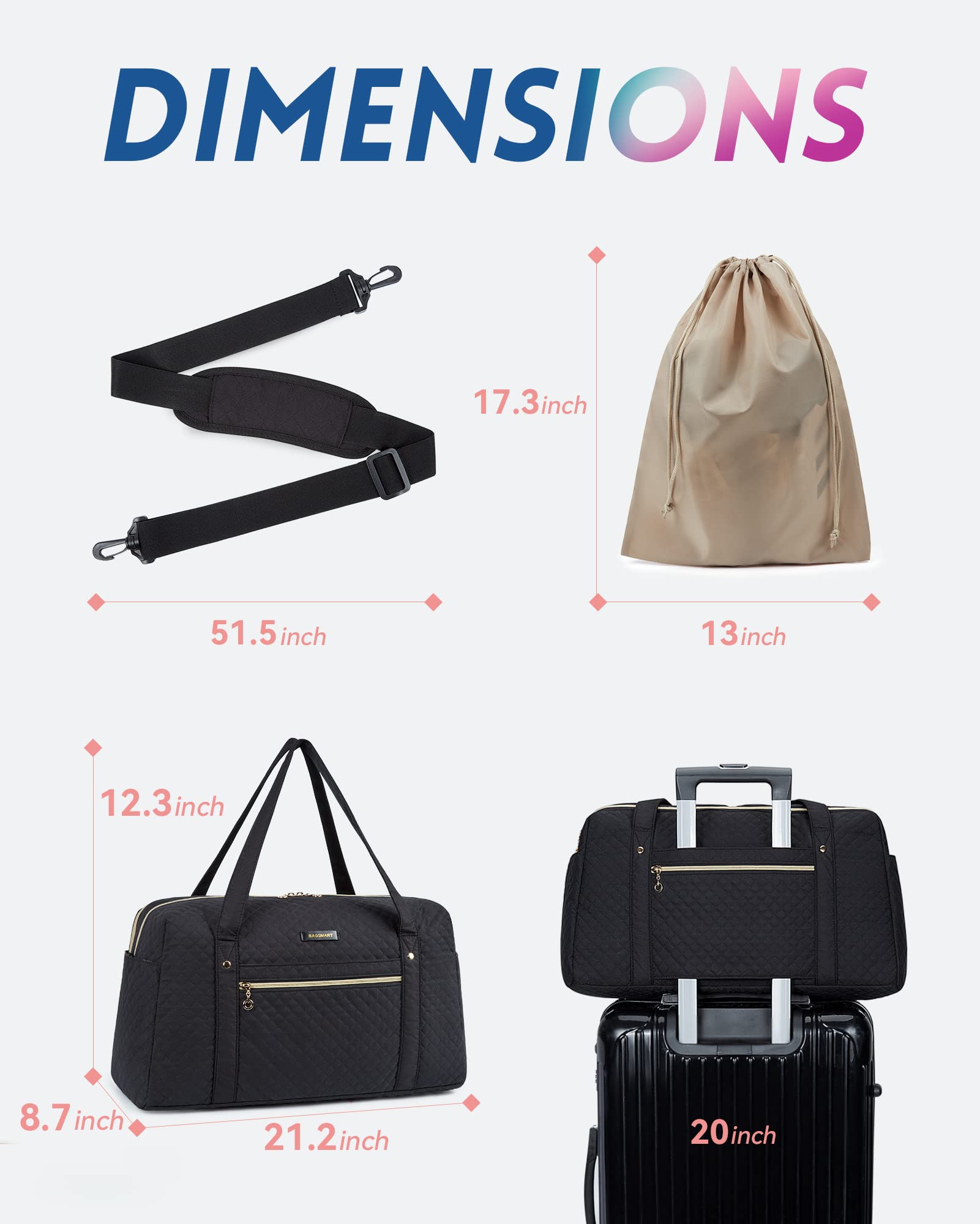Travel Duffle Bag, BAGSMART Weekender Overnight Bag for Women Large Carry On Bag with Laptop Compartment, Shoes Bag (Black)