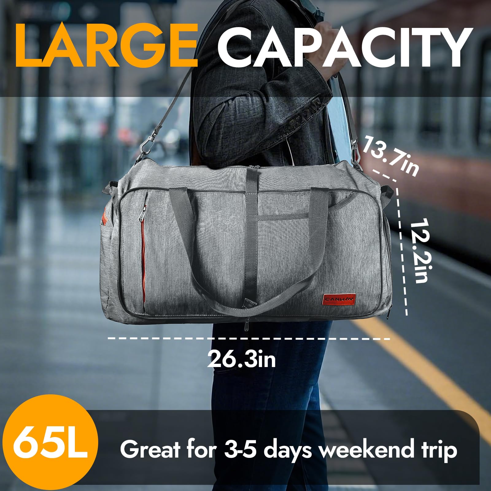 Canway 65L Travel Duffel Bag, Foldable Weekender Bag with Shoes Compartment for Men Women Water-proof & Tear Resistant