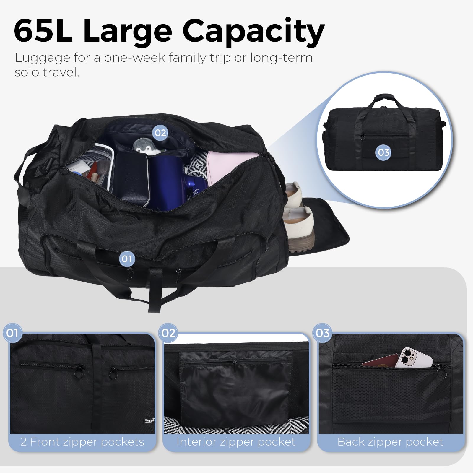 Fmeida 65L Duffle Bag with Shoes Compartment, Foldable Travel Duffel Bags for Men Women, Large Packable Travel Bag Water-Repellent & Tear-Resistant (Black)