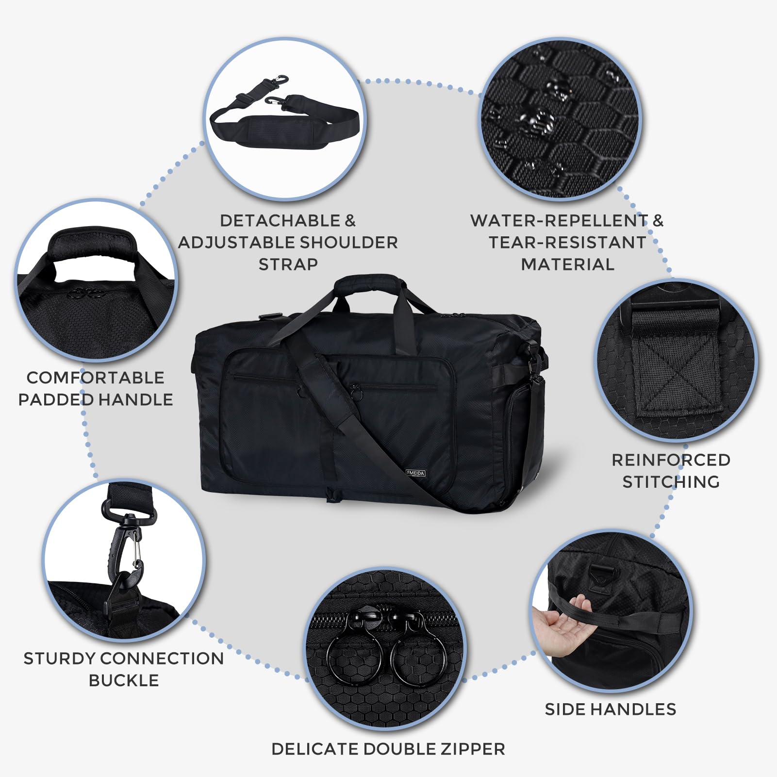 Fmeida 65L Duffle Bag with Shoes Compartment, Foldable Travel Duffel Bags for Men Women, Large Packable Travel Bag Water-Repellent & Tear-Resistant (Black)