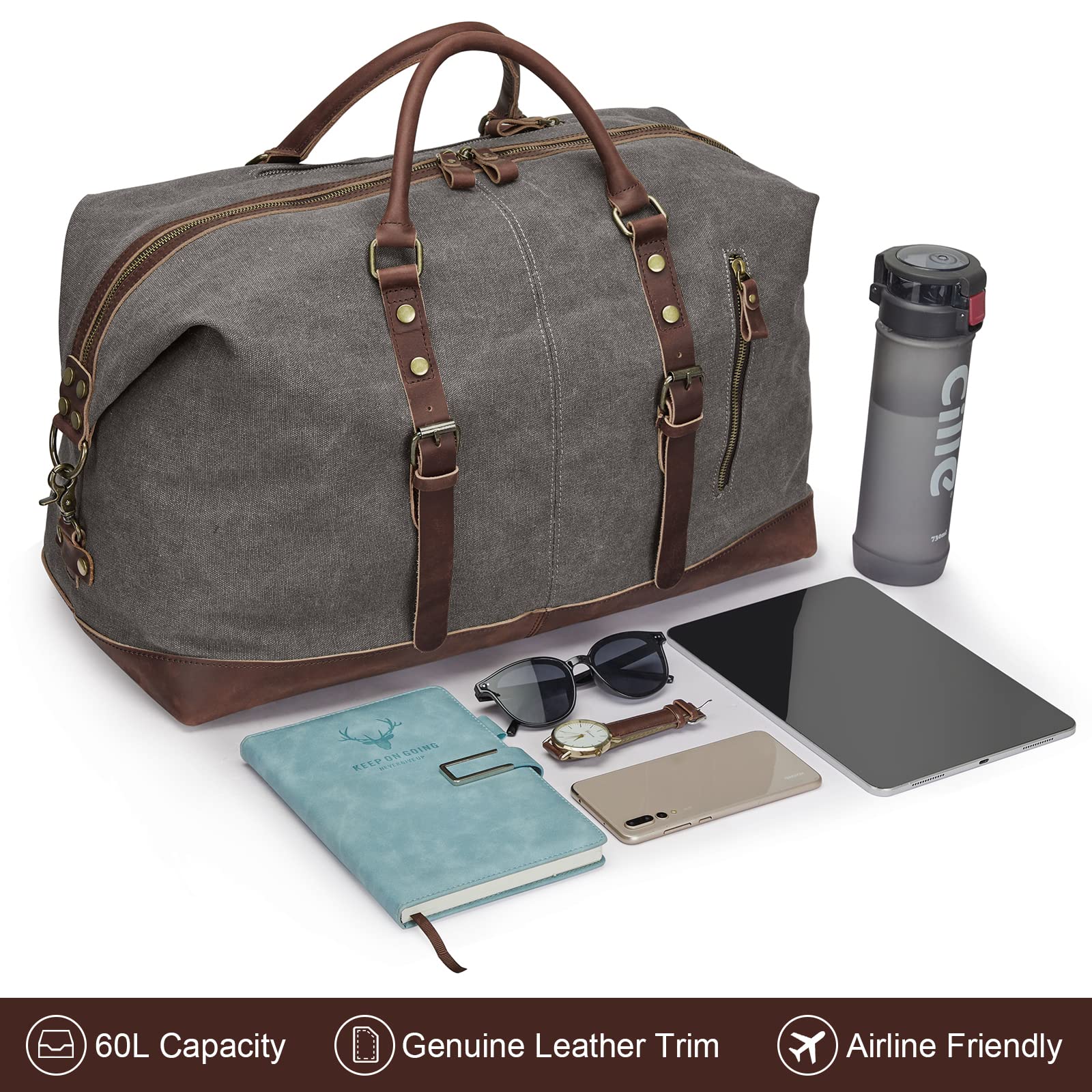 S-ZONE Oversized Leather Canvas Duffel Shoulder Weekender Mens Overnight Bag