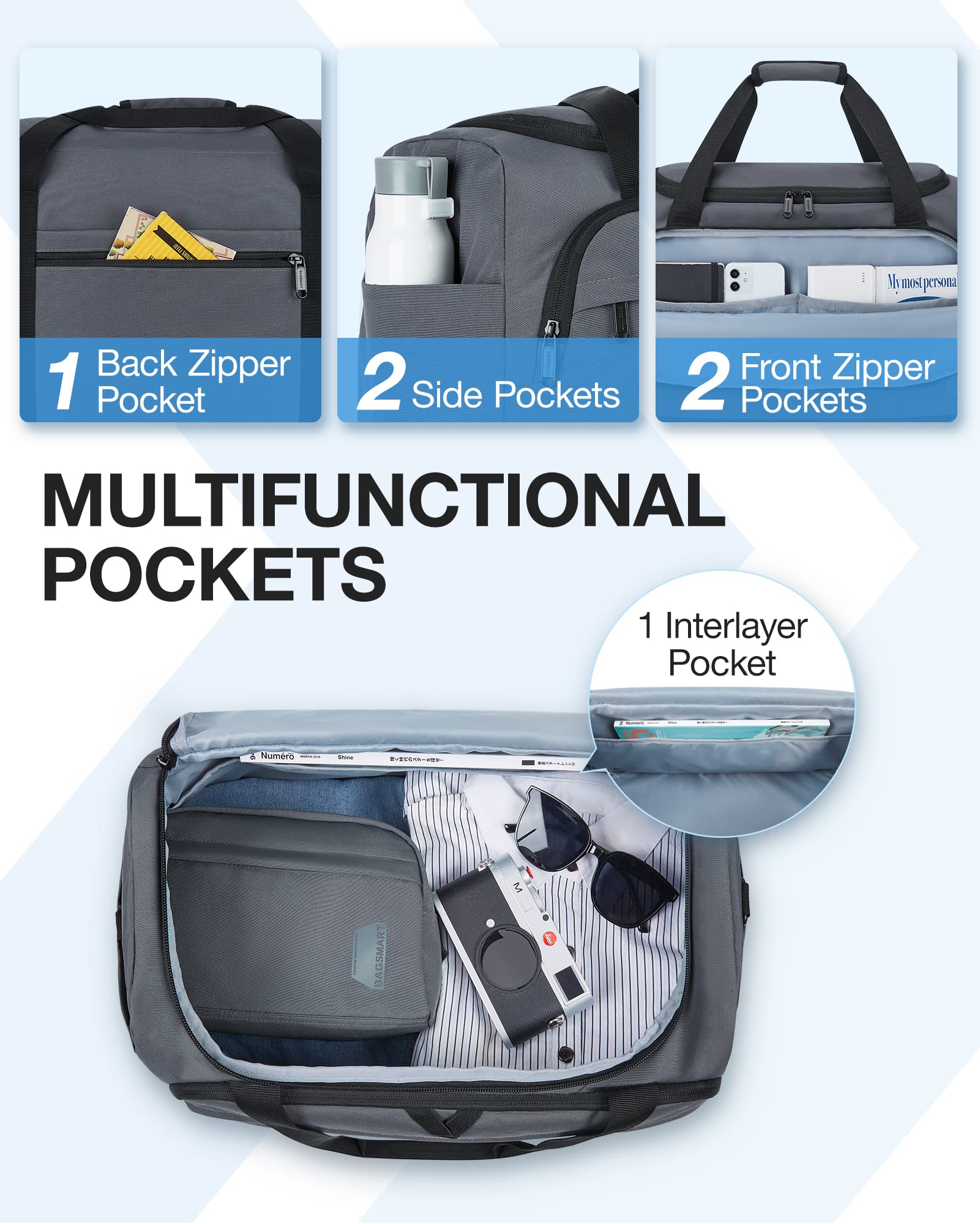 Duffle Bag for Travel,BAGSMART Carry on Weekender Overnight Bag,Travel Duffel Bag with Toiletry Bag,Shoe Bag (Grey,38L)