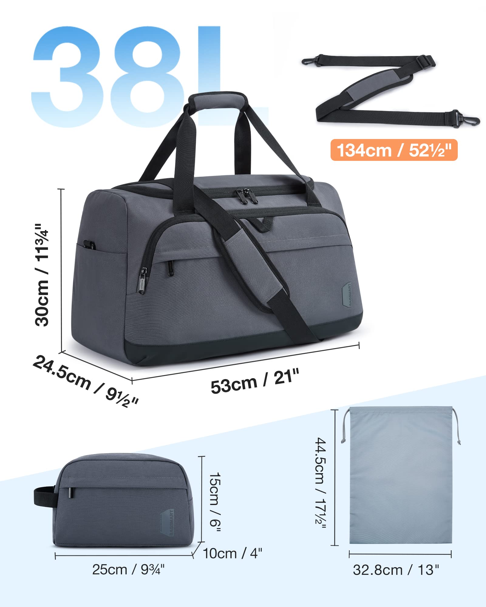 Duffle Bag for Travel,BAGSMART Carry on Weekender Overnight Bag,Travel Duffel Bag with Toiletry Bag,Shoe Bag (Grey,38L)