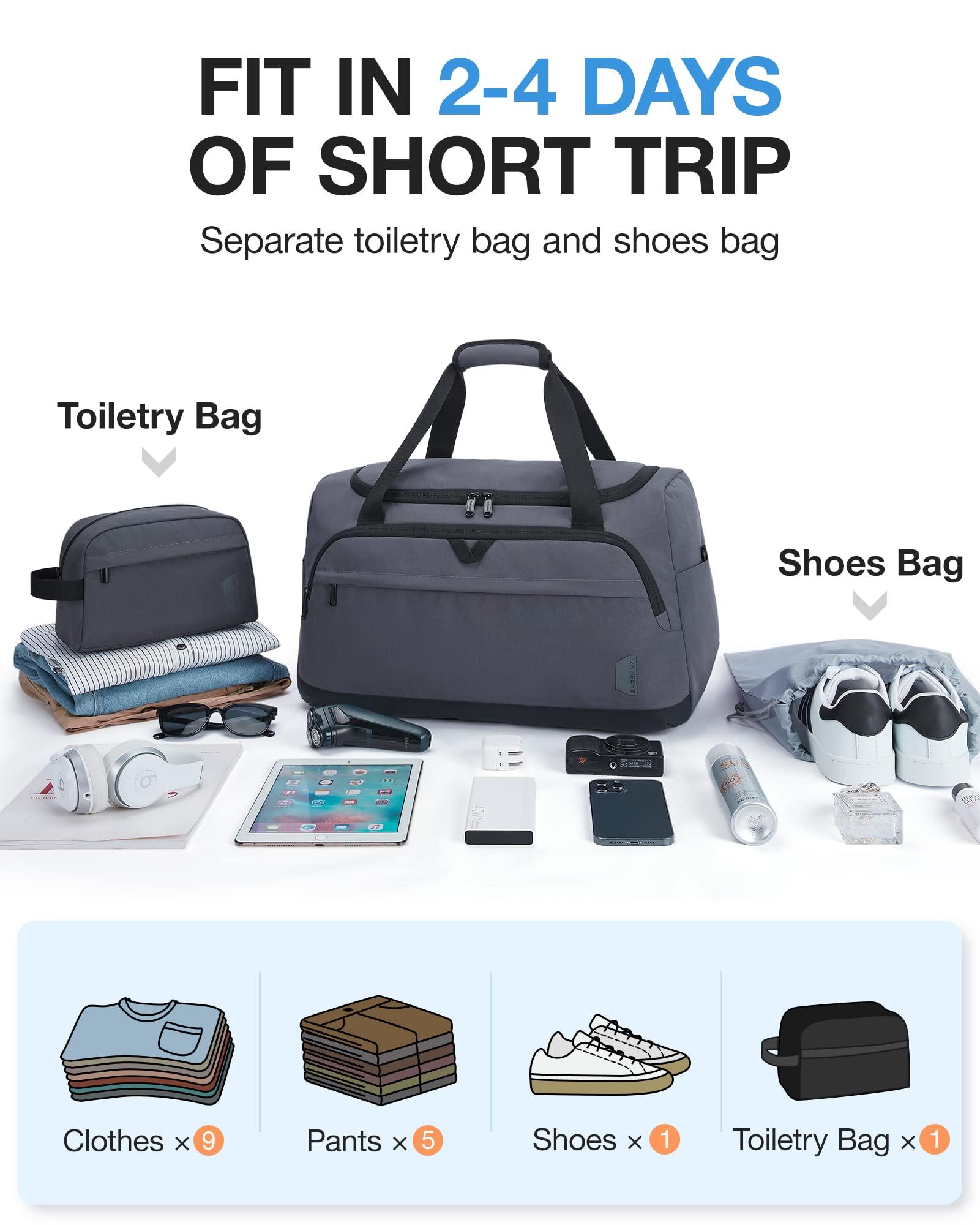 Duffle Bag for Travel,BAGSMART Carry on Weekender Overnight Bag,Travel Duffel Bag with Toiletry Bag,Shoe Bag (Grey,38L)