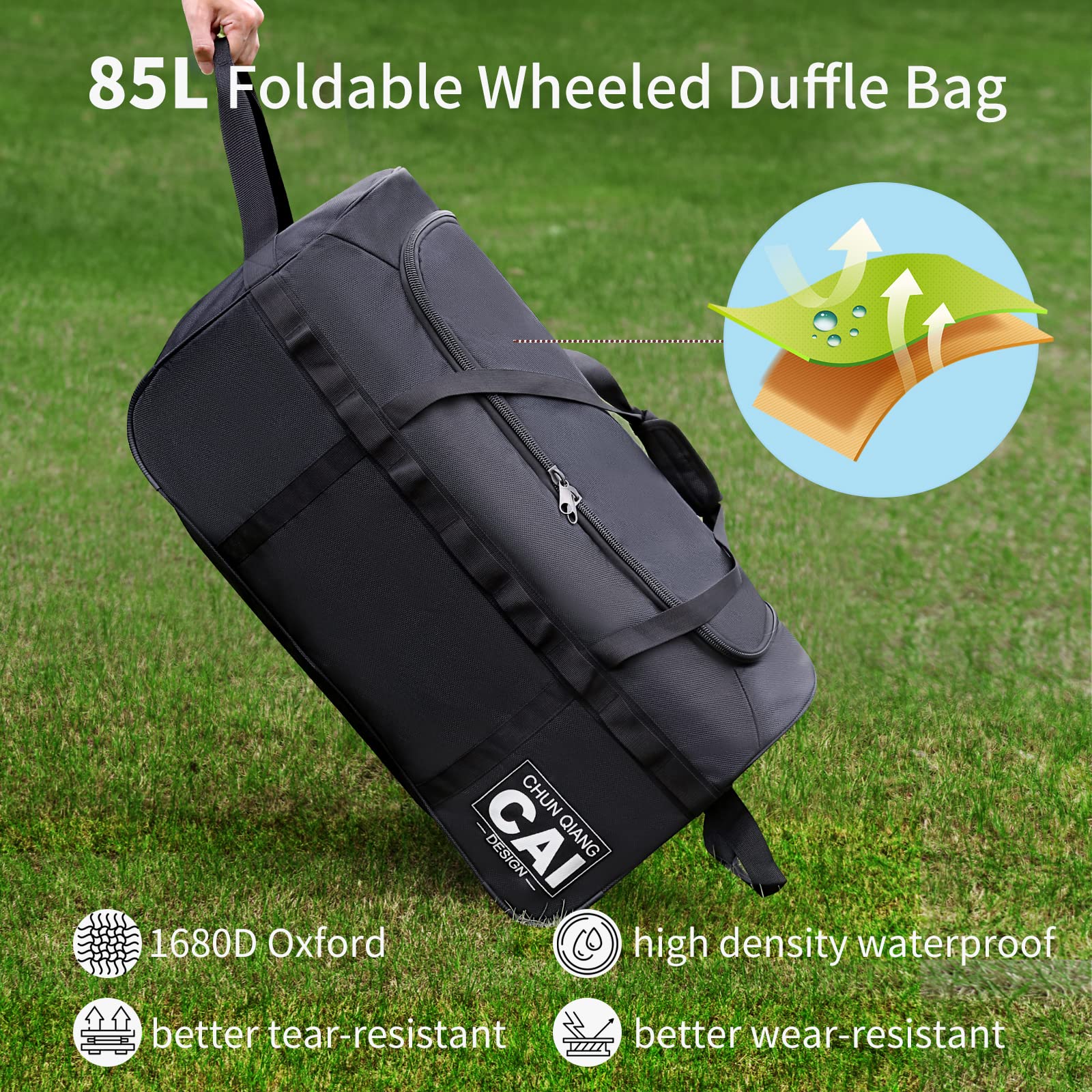 Foldable Duffle Bag with Wheels 85L/120L, Large Lightweight 1680D Oxford Duffle Luggage Bag Collapsible Waterproof Wheeled Duffle Bag for Travel Camping (26", Black)