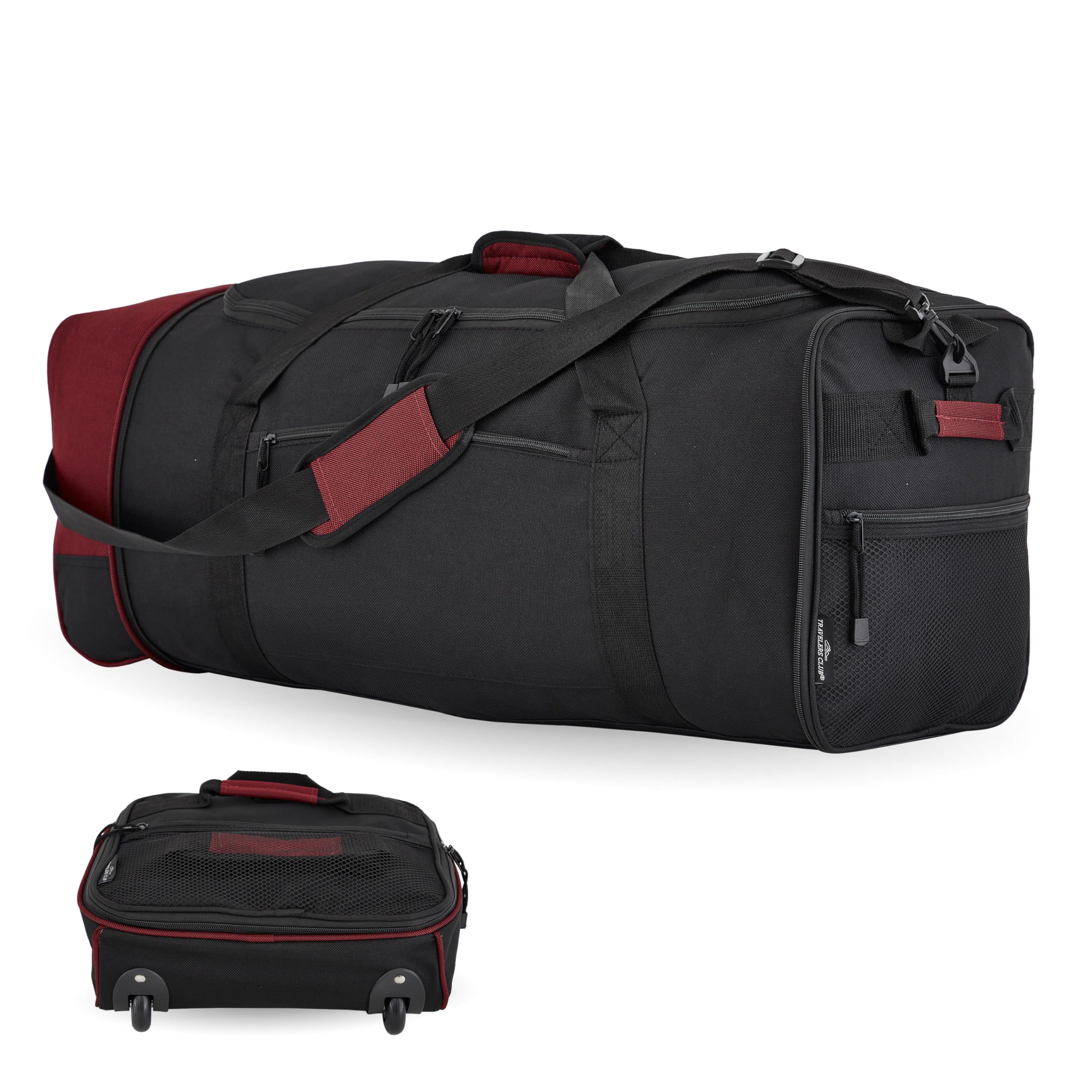TPRC 32-Inch Collapsible Expandble Travel Rolling Duffel Bag, Black/Red