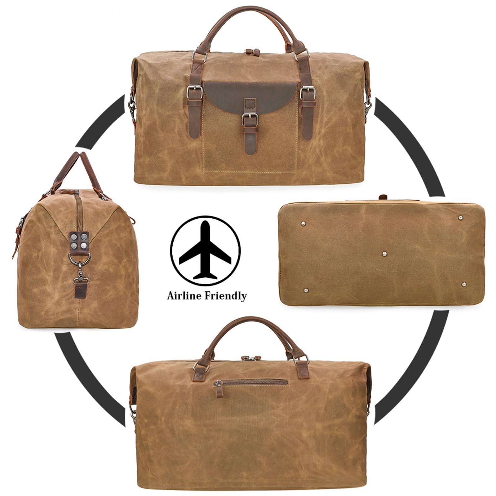 Oversized Travel Duffel Bag Waterproof Canvas Genuine Leather Weekend bag Weekender Overnight Carryon Hand Bag Brown