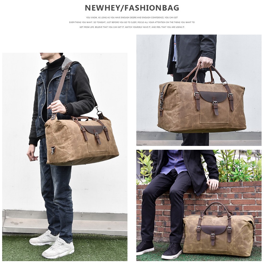 Oversized Travel Duffel Bag Waterproof Canvas Genuine Leather Weekend bag Weekender Overnight Carryon Hand Bag Brown