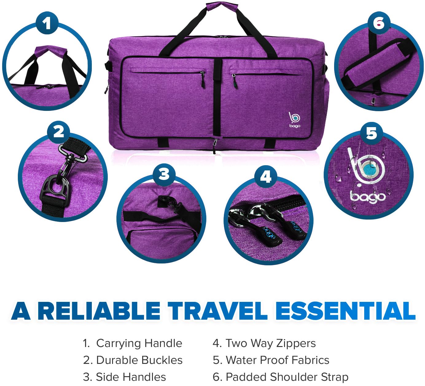 Bago Travel Duffel Bags for Traveling Women & Men- Foldable Weekender Bag - 80L 27" Large Duffle Bag For Travel & Camping Bag - Packable Lightweight Overnight Luggage bag (SnowDepPurple)